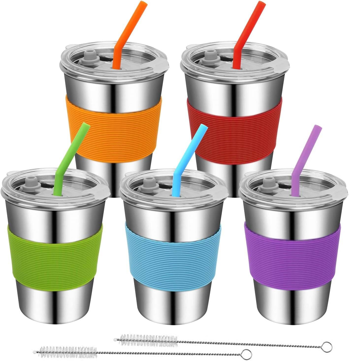 Flantor Reusable Metal Kids Cups 5-Pack with Lids, Straws, 12oz Leak ...