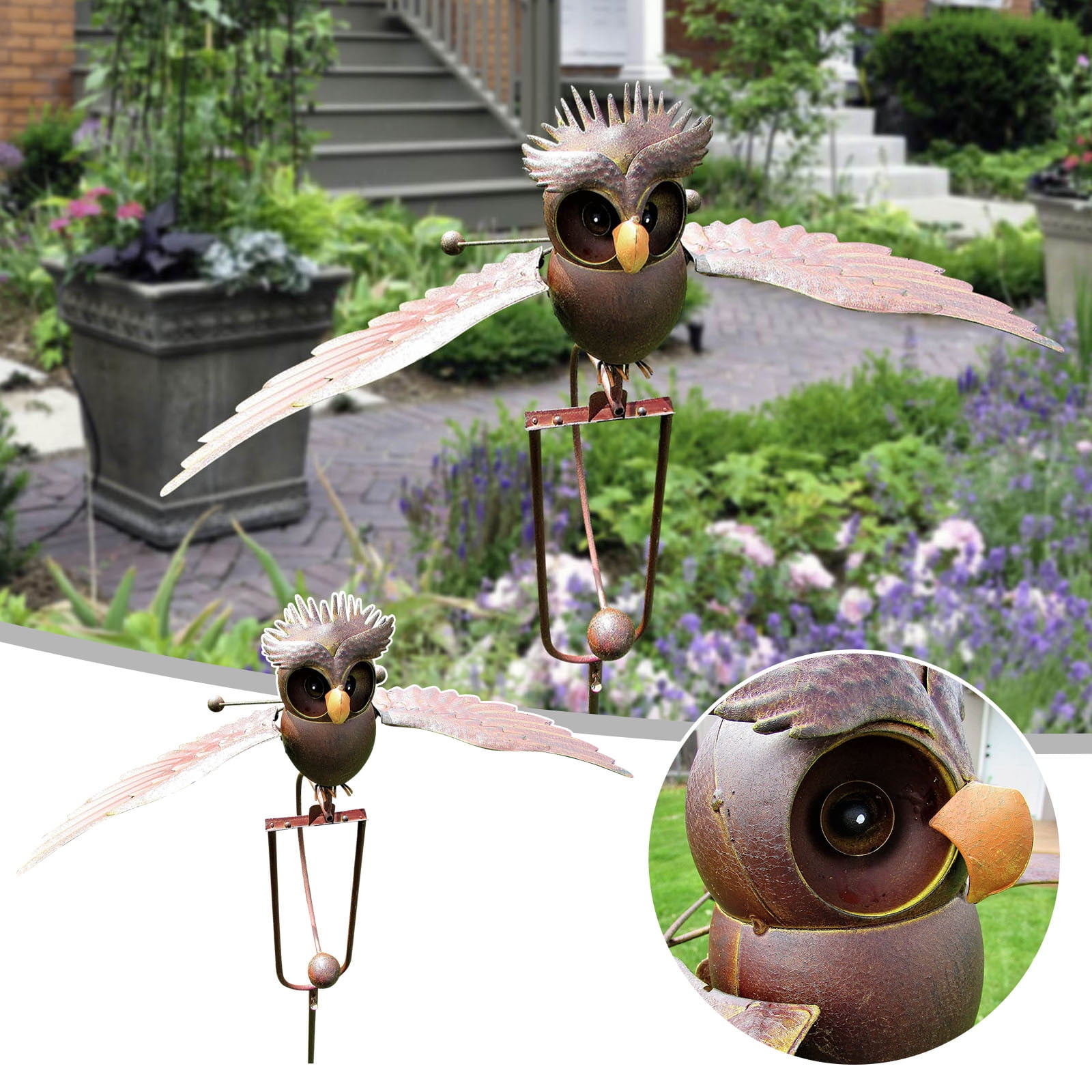 Flapping Metal Brown Gray Owl Yard Stake Rocking Wind Whirly Garden Art ...