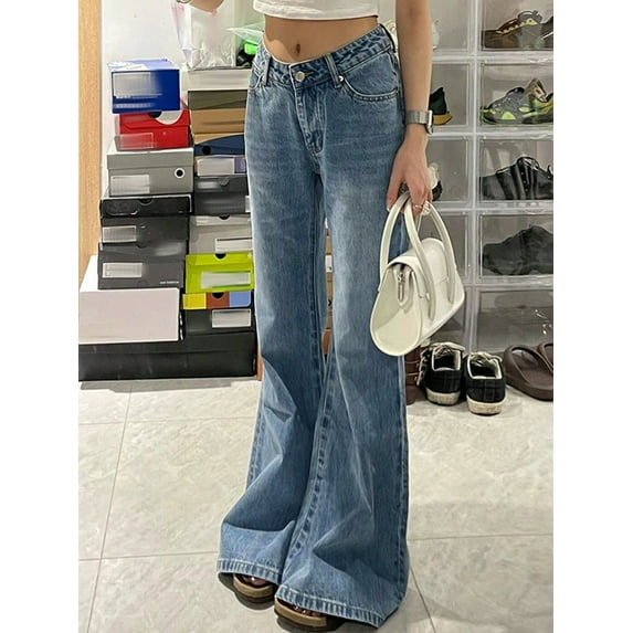 Flare Jeans for Women Mid Waist Full Length Denim Pants Versatile Baggy ...