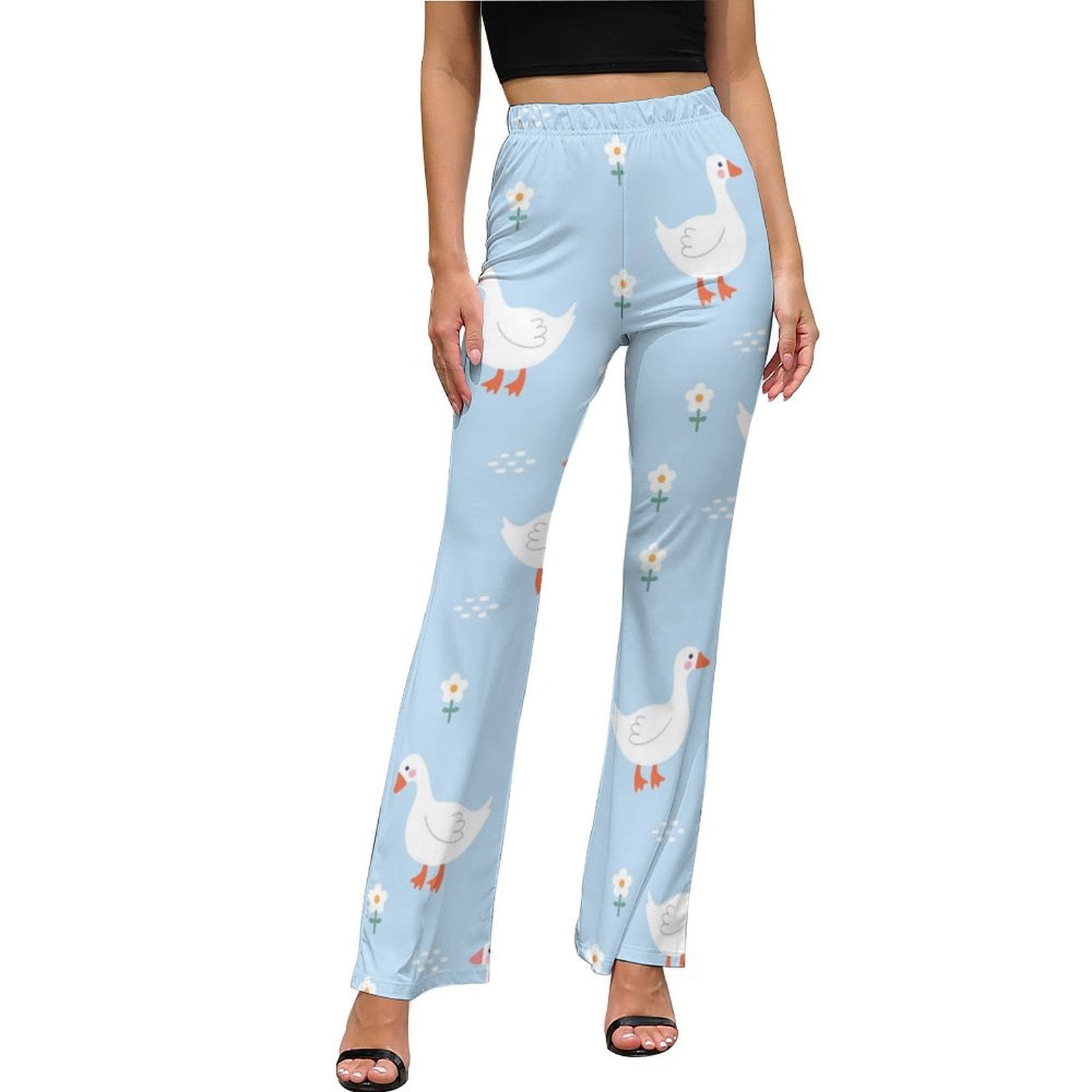 Flare Leggings for Women Goose White Flowers High - Waisted Tummy ...