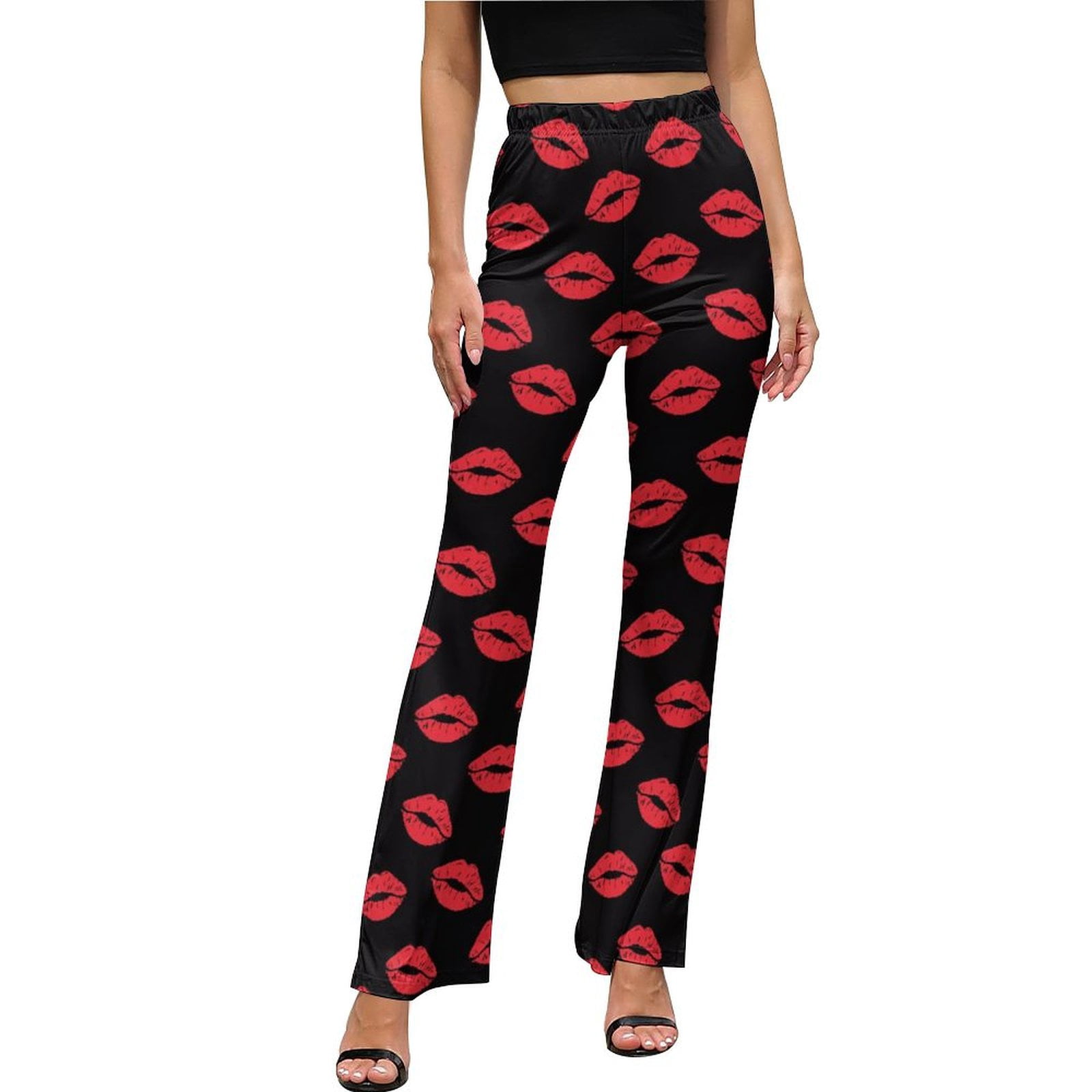 Flare Leggings for Women Sexy Red Lips Kiss High - Waisted Tummy ...