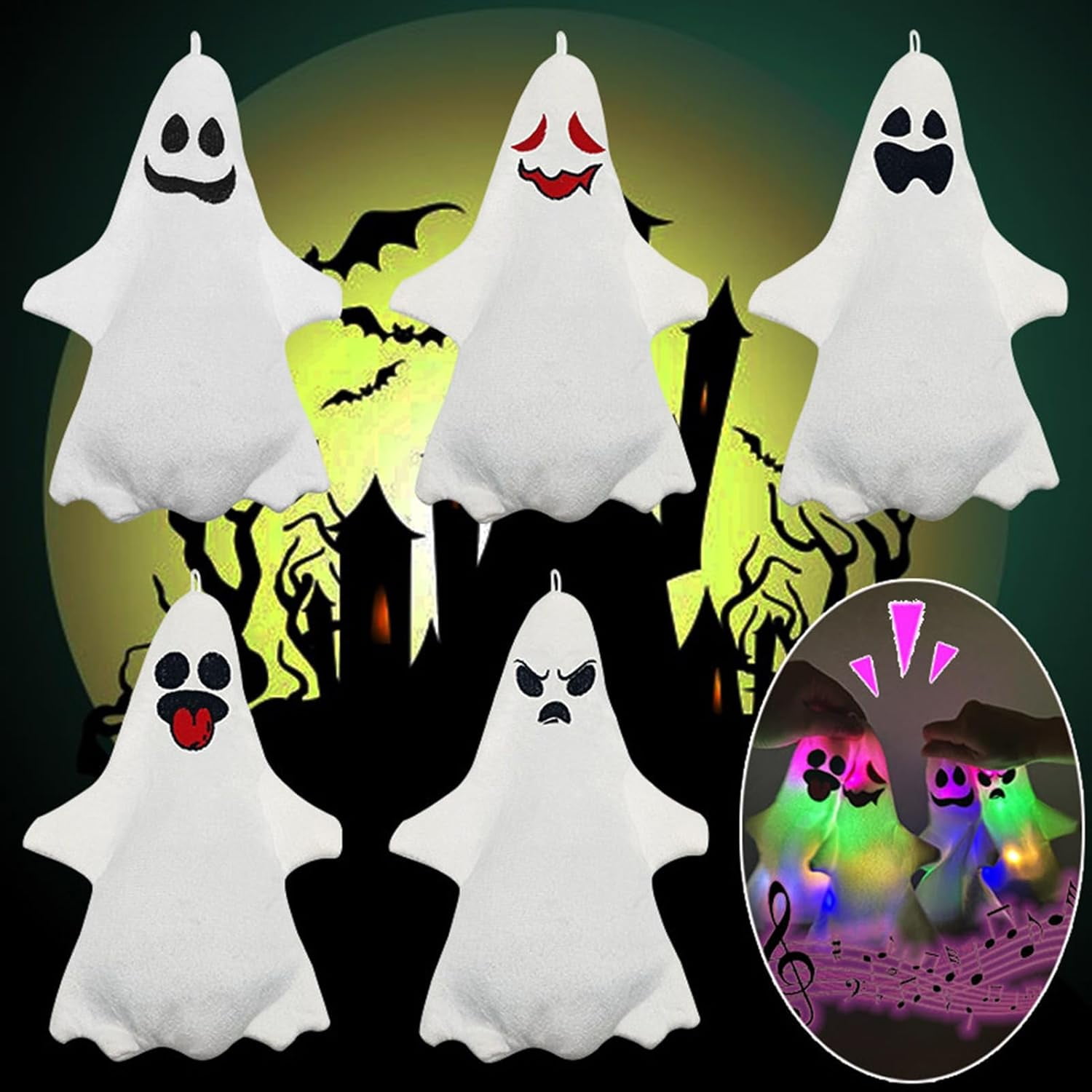 FlareFable 5pcs Halloween Ghost, Flying Ghost with Voice Recording Talking Singing Dancing, LED ...