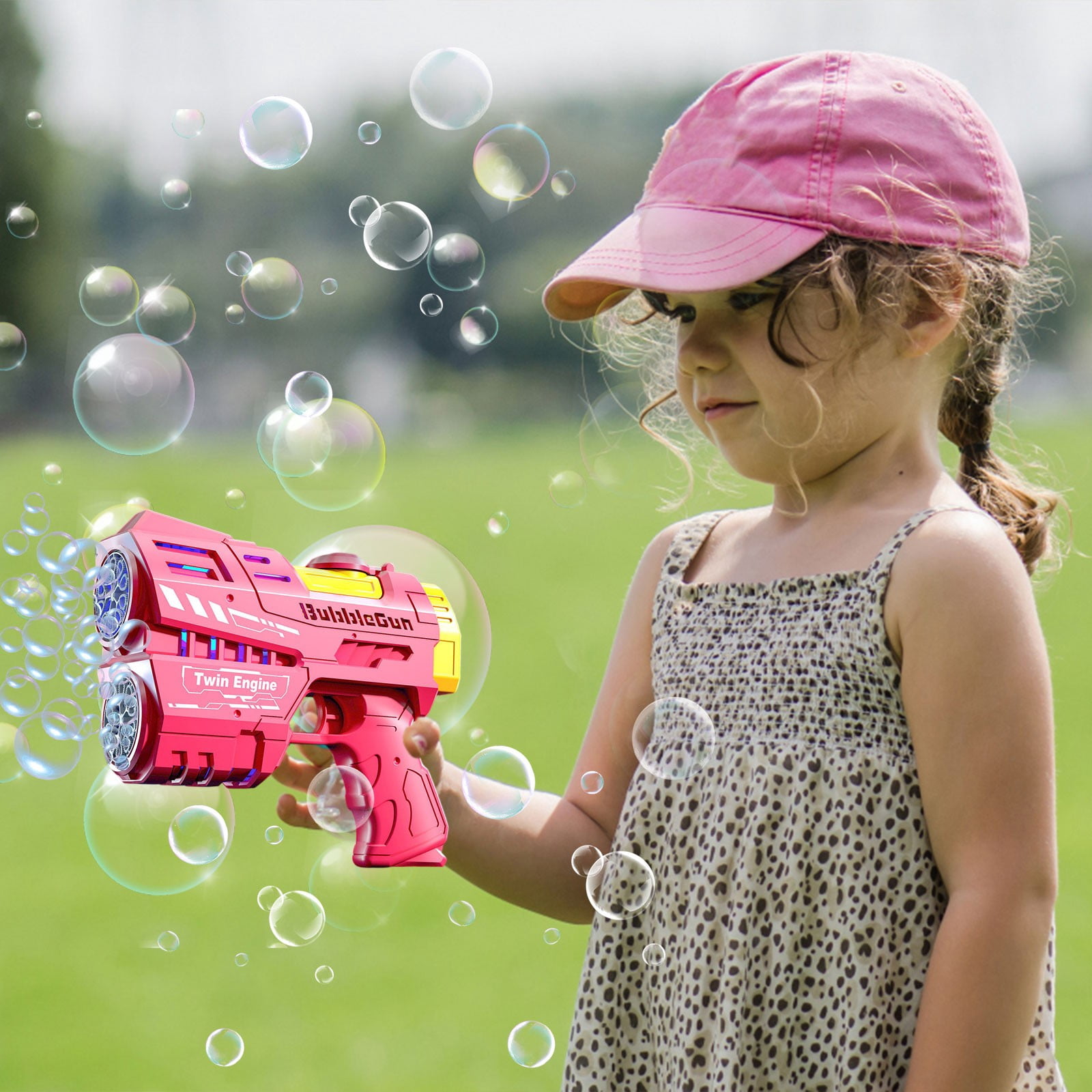 FlareFable 7.87" Rechargeable Pink Bubble Guns, Fully Automatic Double ...