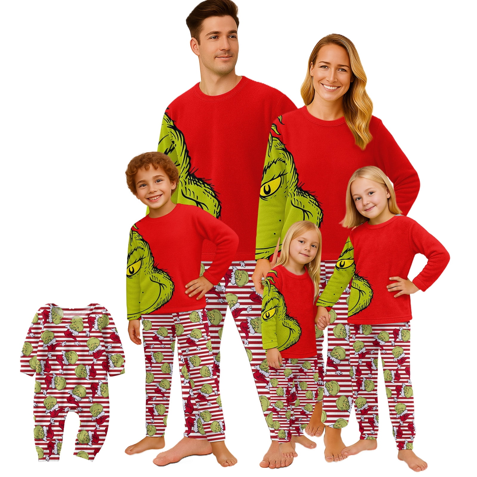 FlareFable Gr-inch Christmas Pajamas Matching Sets for Family, Holiday Cartoon Grinnch Print ...