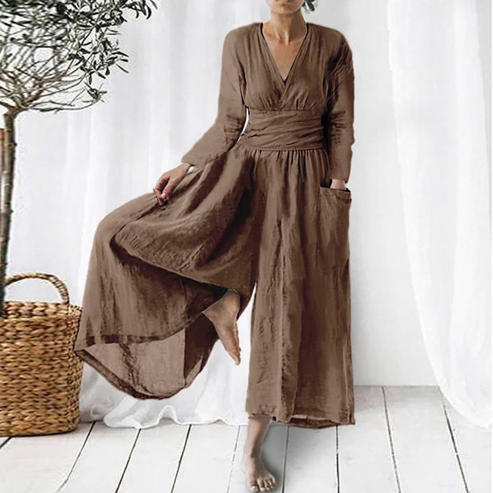 SEMPAI Women Casual Solid 3/4 Sleeve Round Neck Cotton Linen Romper ...