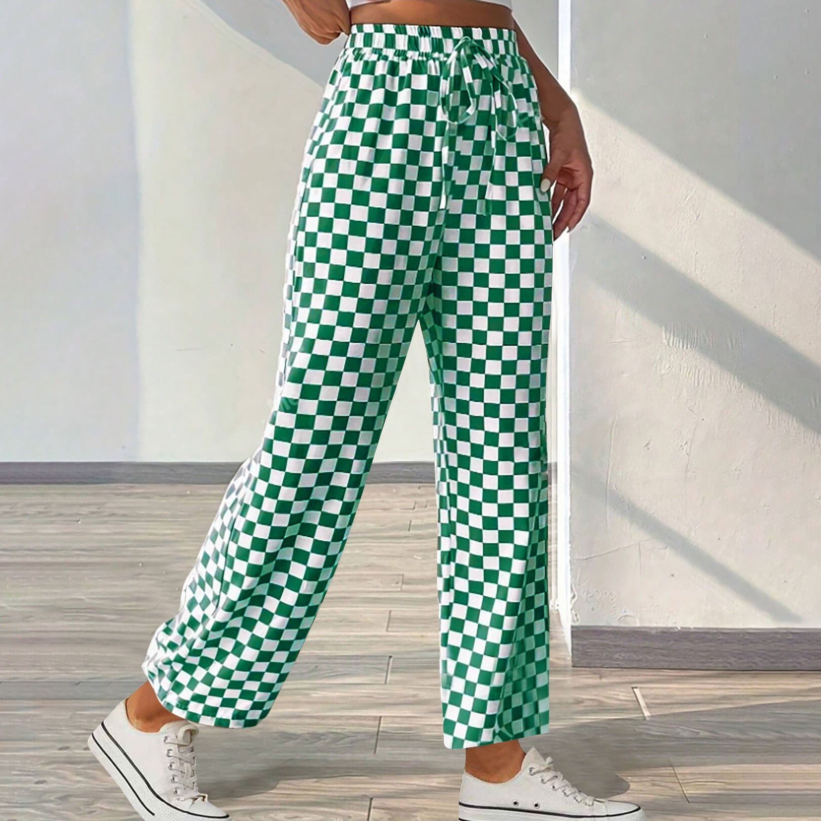 SEMPAI Women's Fashionable Checkered Straight Leg Casual Pants With ...