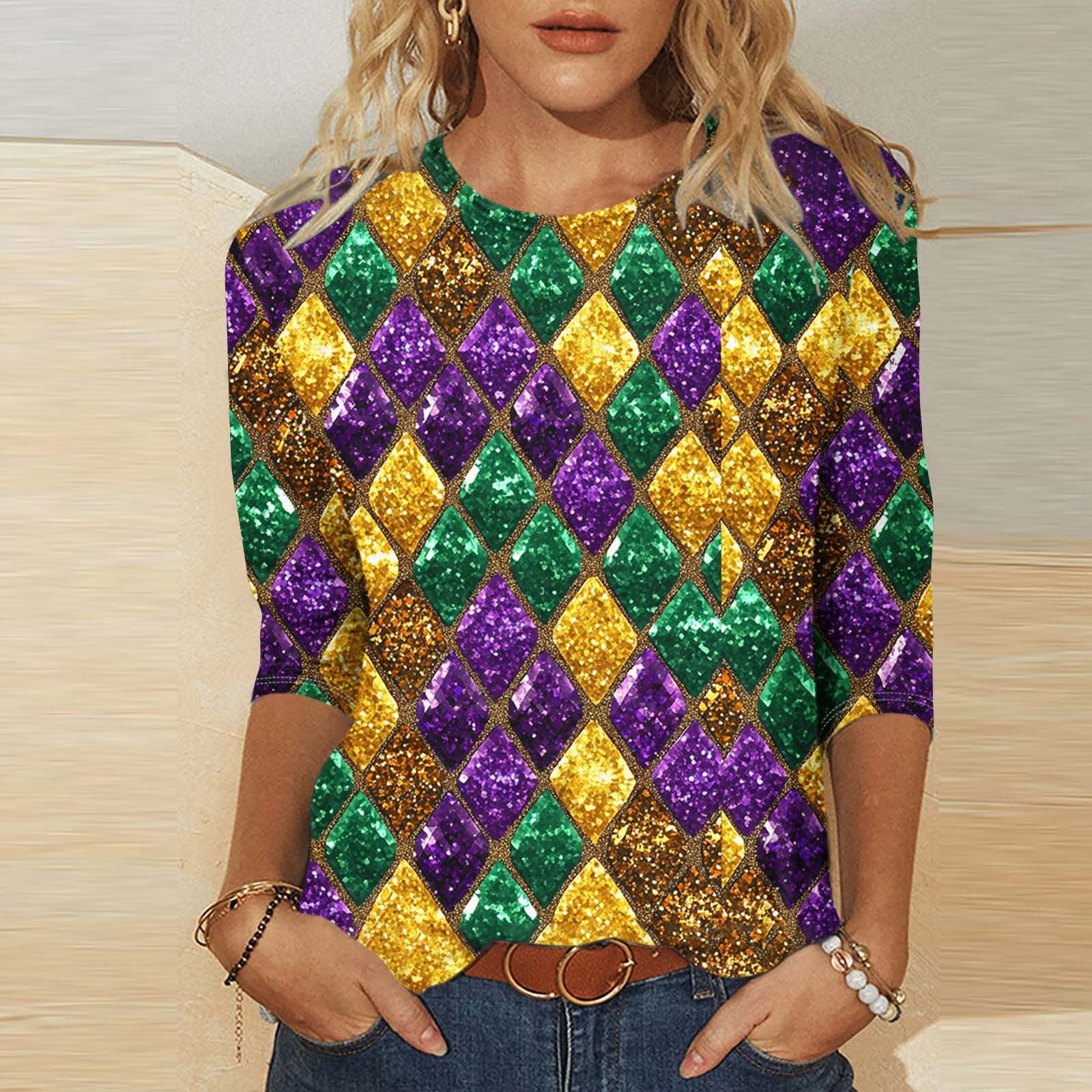 Mardi Gras Tops for Women Sequin 3/4 Length Sleeve Casual Blouse Color ...