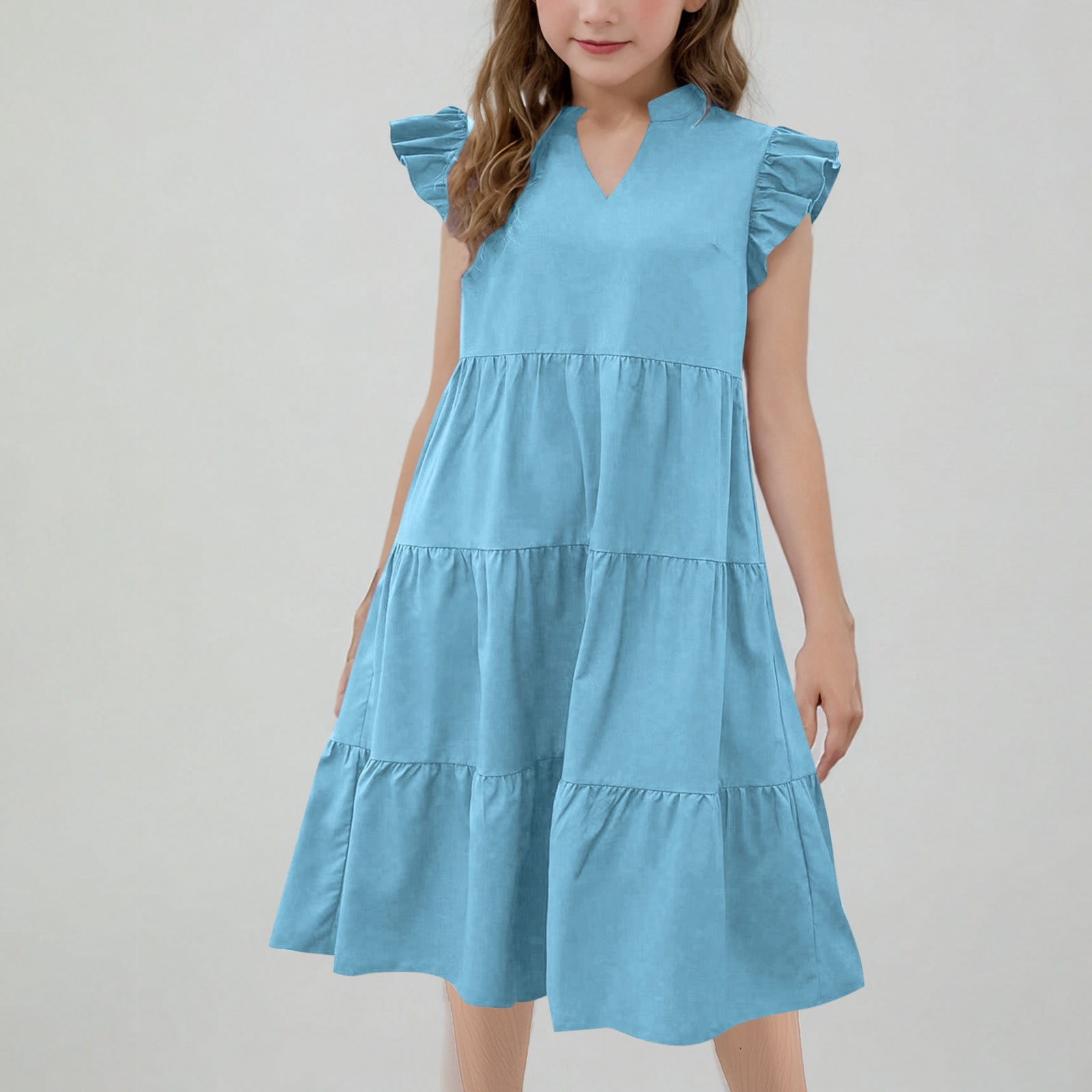 Flash Deals Gamivast Girls Summer Dress Cute Ruffle Cap Sleeve Dress V-Neck Flowy A Line Mini ...