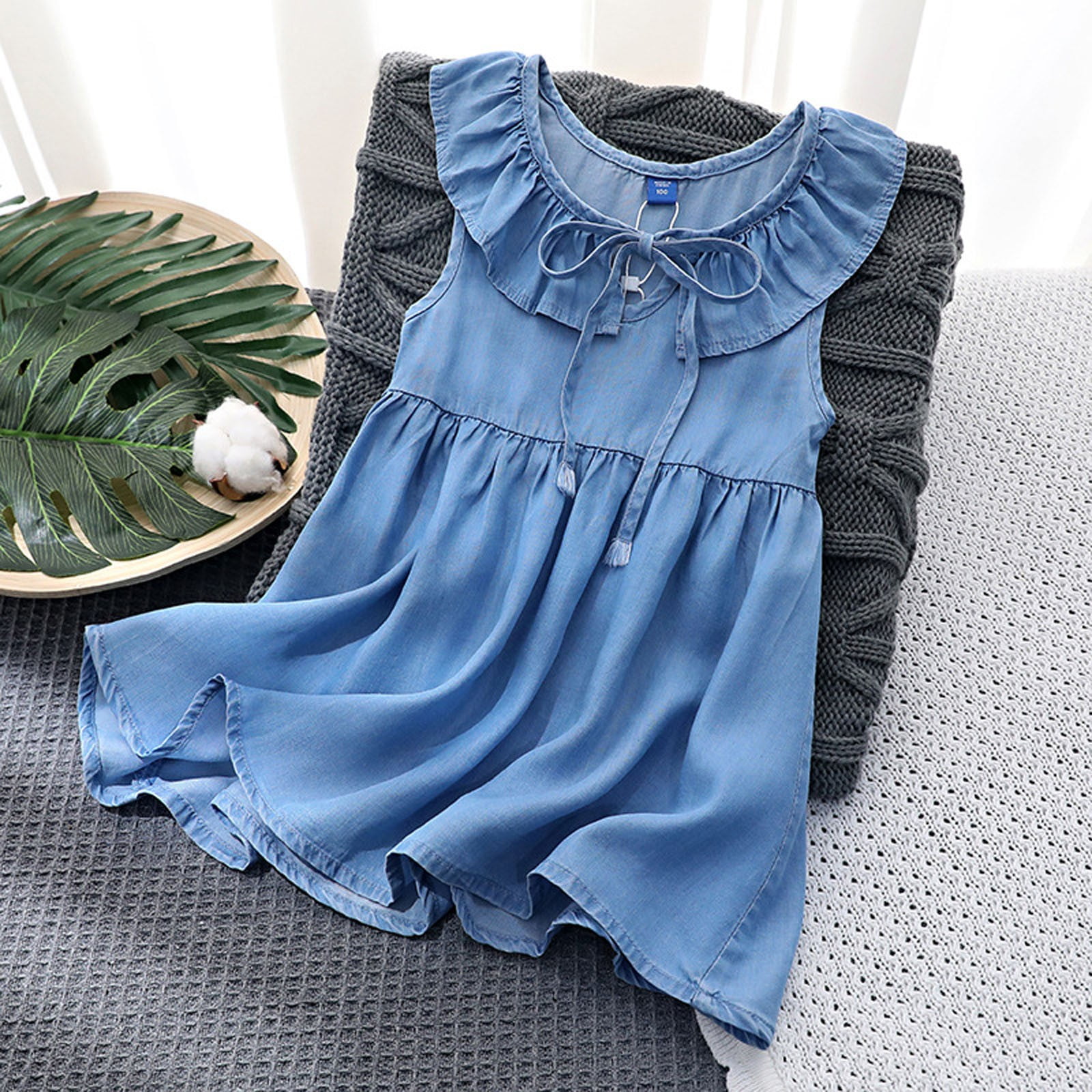 Flash Deals Gamivast Girls Tie Crew Neck Denim Dress Ruffle Sleeveless Jean Dress Summer Casual ...