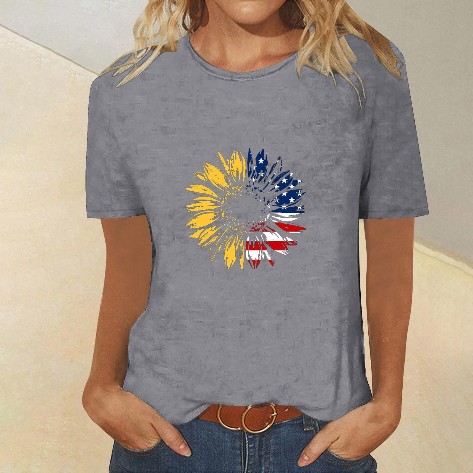 Flash Deals Ganfancp American Flag Women Tops Short Sleeve Crew Neck T