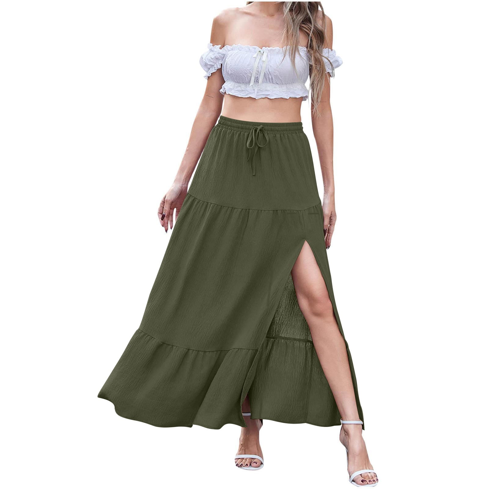 Flash Deals Xdegoge Spring Maxi Skirts for Women Trendy High Waisted Side Slit Pleated Skirt ...