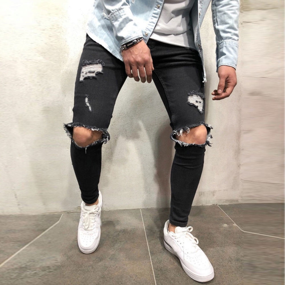 HWRETIE Men's Skinny Stretch Pants Distressed Ripped Freyed Casual ...