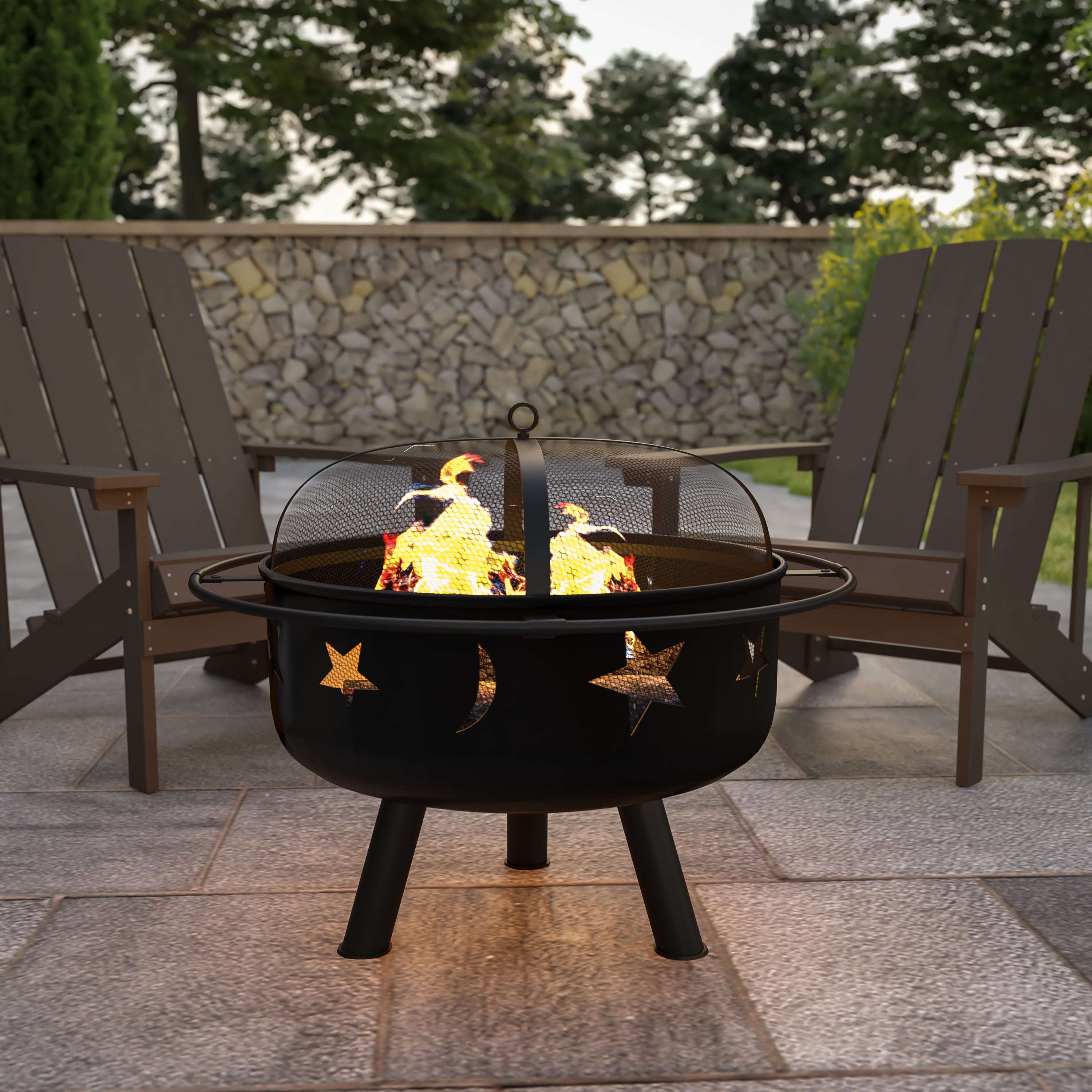 Flash Furniture 29" Round Wood Burning Firepit with Mesh Spark Screen ...