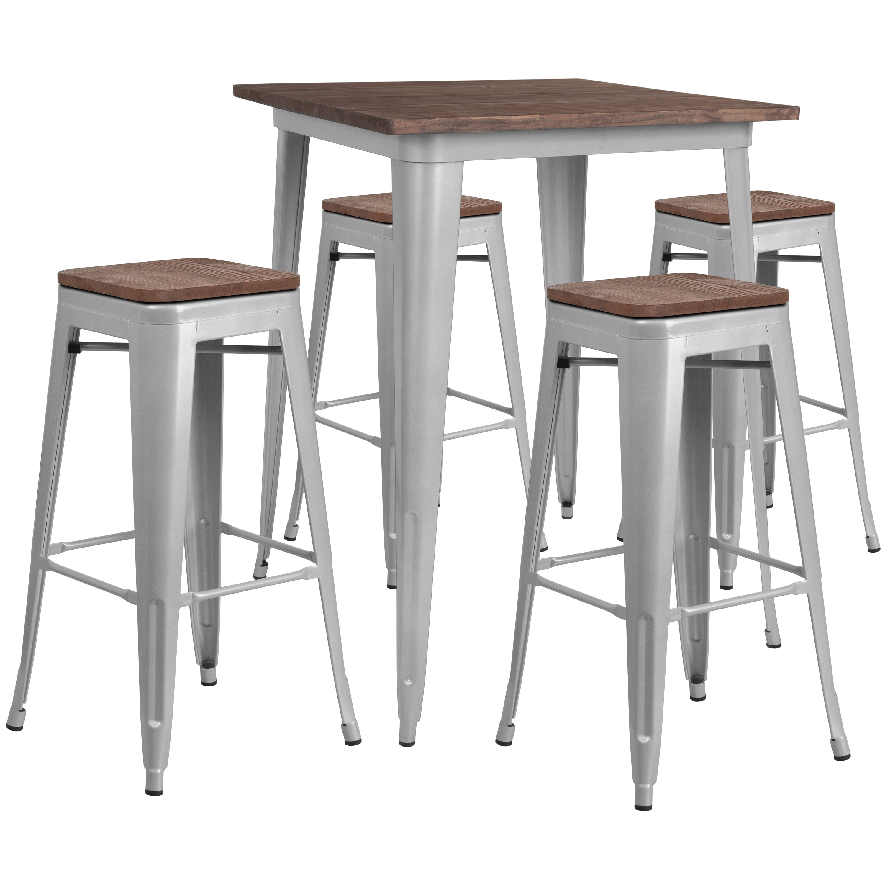 Flash Furniture 31.5" Square Silver Metal Bar Table Set with Wood Top ...