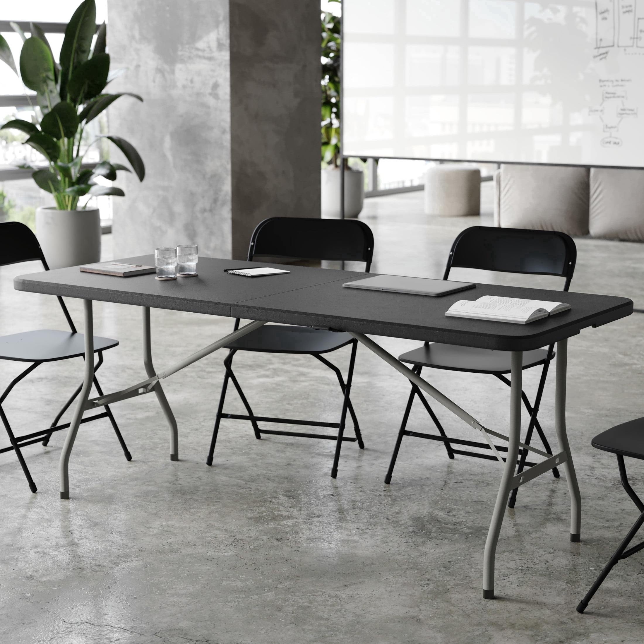 Flash Furniture 6-Foot Bi-Fold Granite Black Plastic Folding Table ...