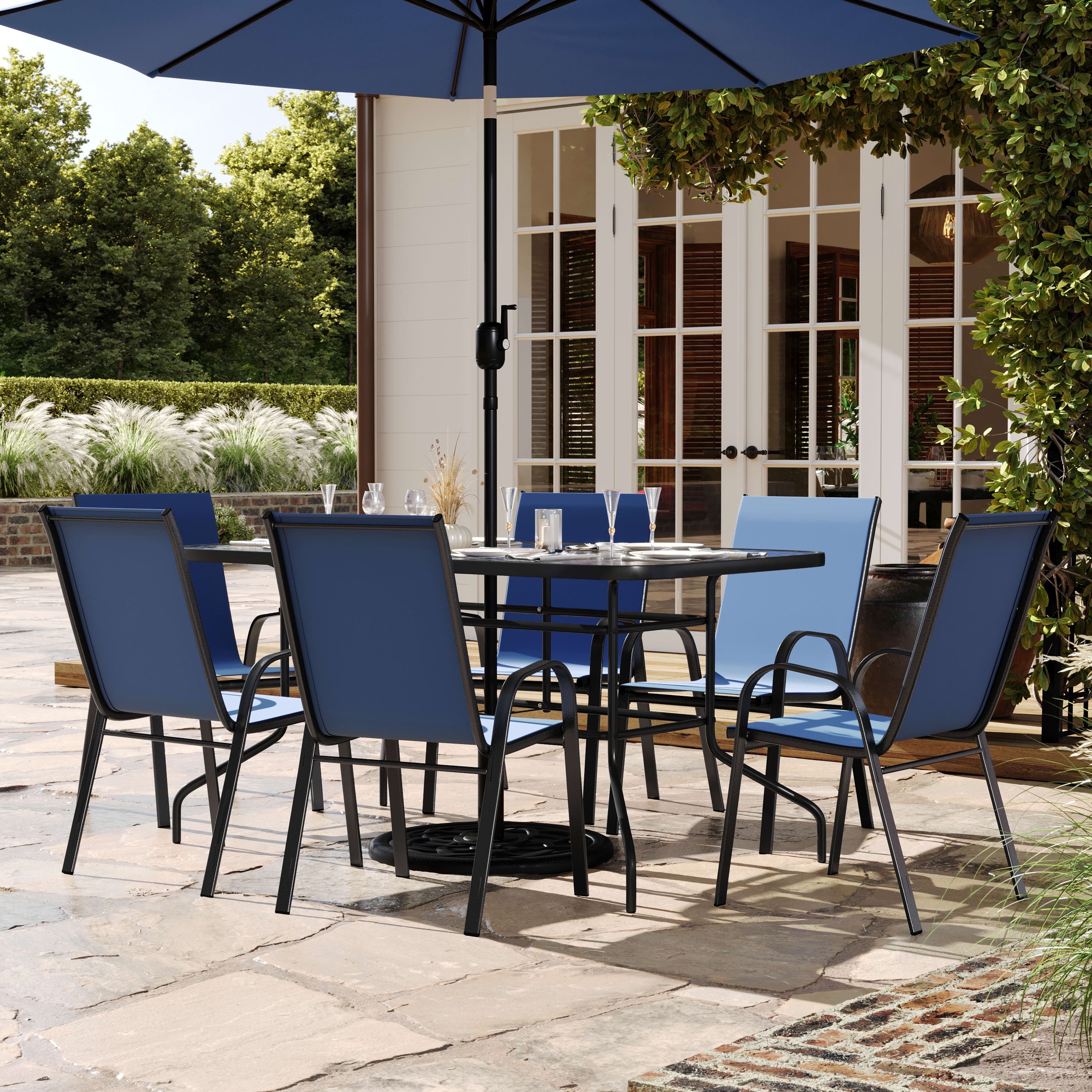 Flash Furniture 7 Piece Outdoor Patio Dining Set - 55" Tempered Glass ...