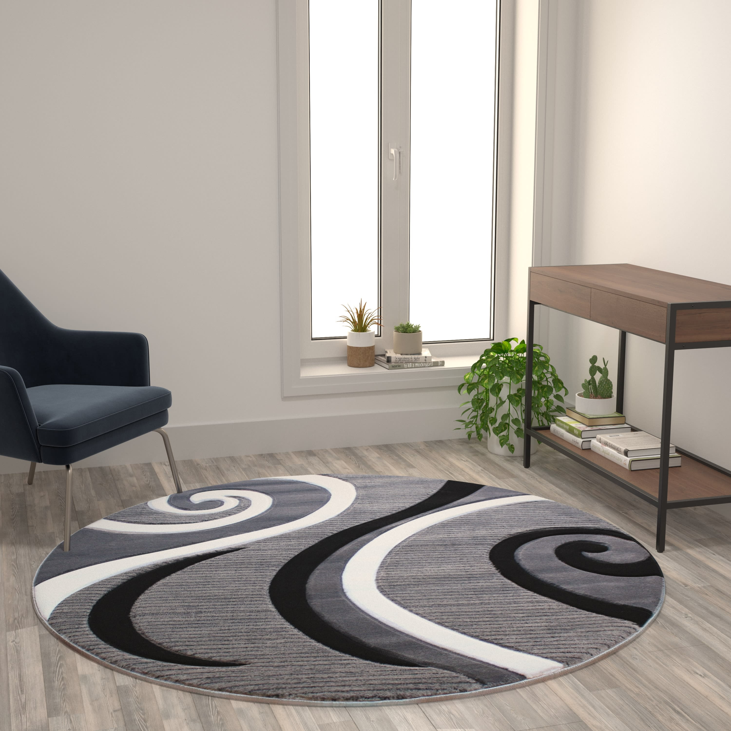 Flash Furniture Athos Round Contemporary Black, White, Grey Area Rug, 5 ...