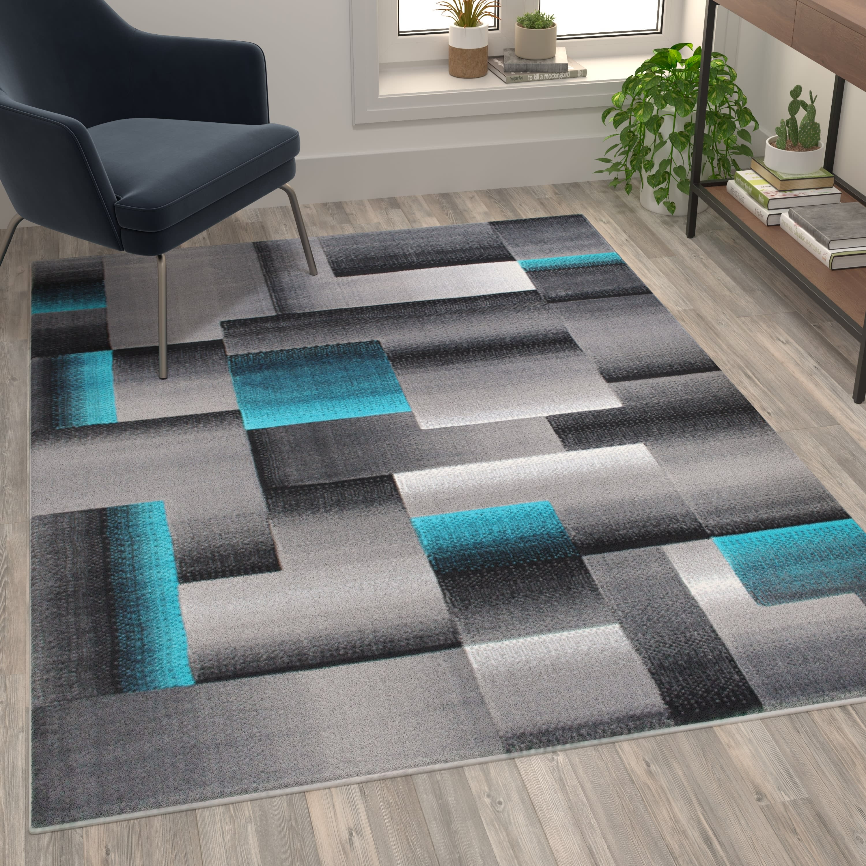 Flash Furniture Elio Rectangular Contemporary Grey, Turquoise Area Rug ...