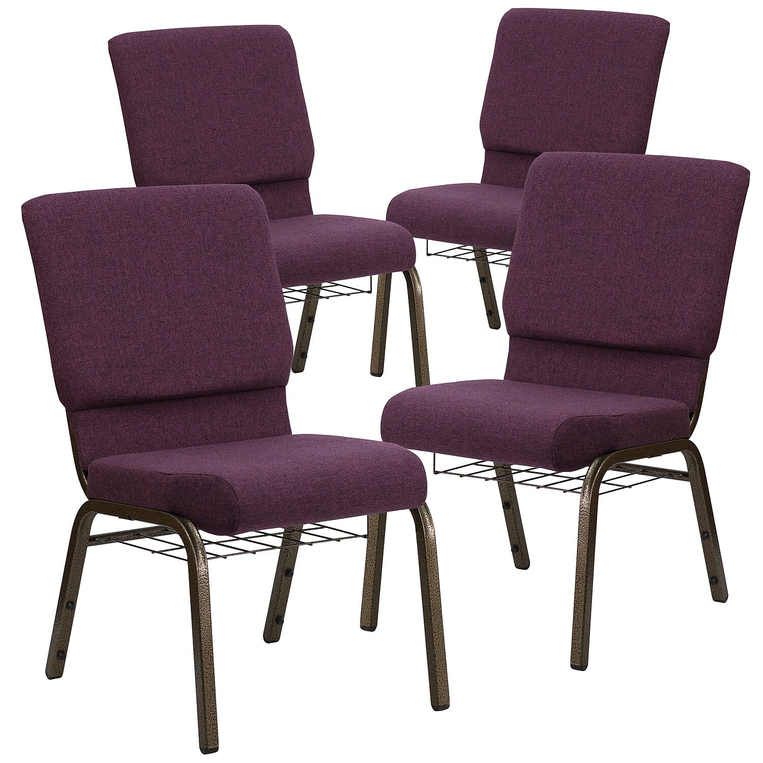 4 Pk. 18.5''W Plum Fabric Church Chair, Cup Book Rack - Gold Vein Frame ...