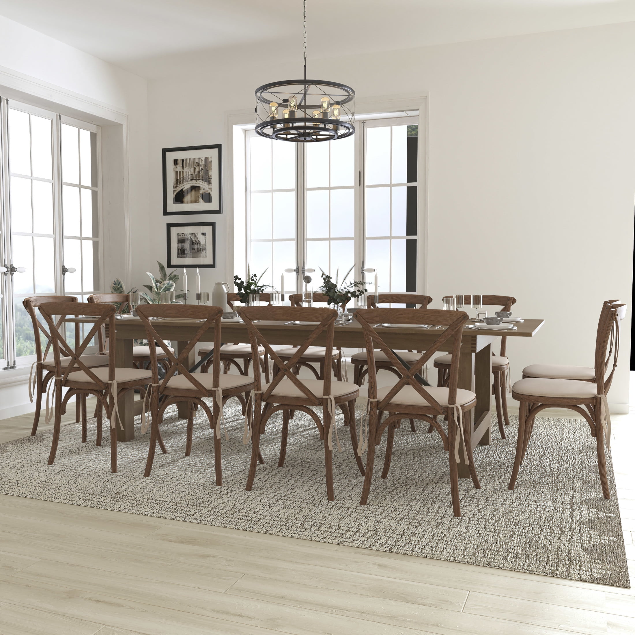 Flash Furniture Hercules 9'x40' Rustic Farm Table Set with 12 Chairs ...