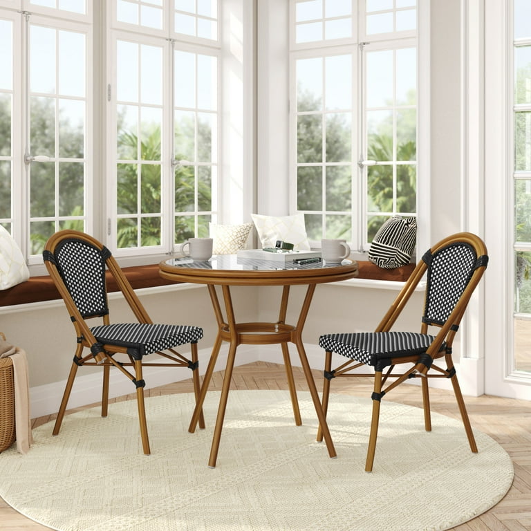 Flash Furniture Indoor Outdoor Commercial French Bistro 31.5 Table Black and White PE Rattan Glass Top with 2 Stack Chairs