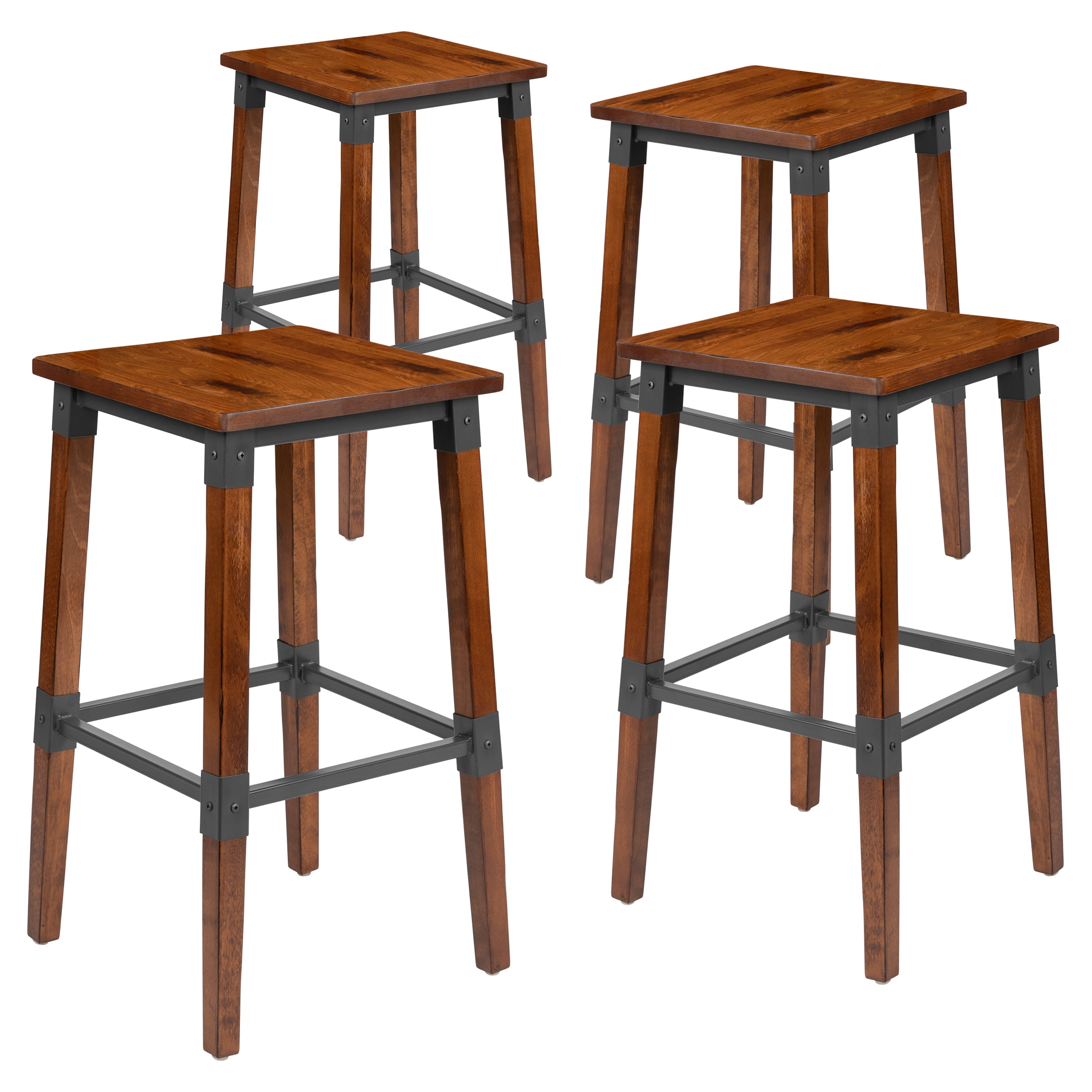 Flash Furniture Jackson 4 Pack Rustic Antique Walnut Industrial Wood Dining Backless Barstool ...