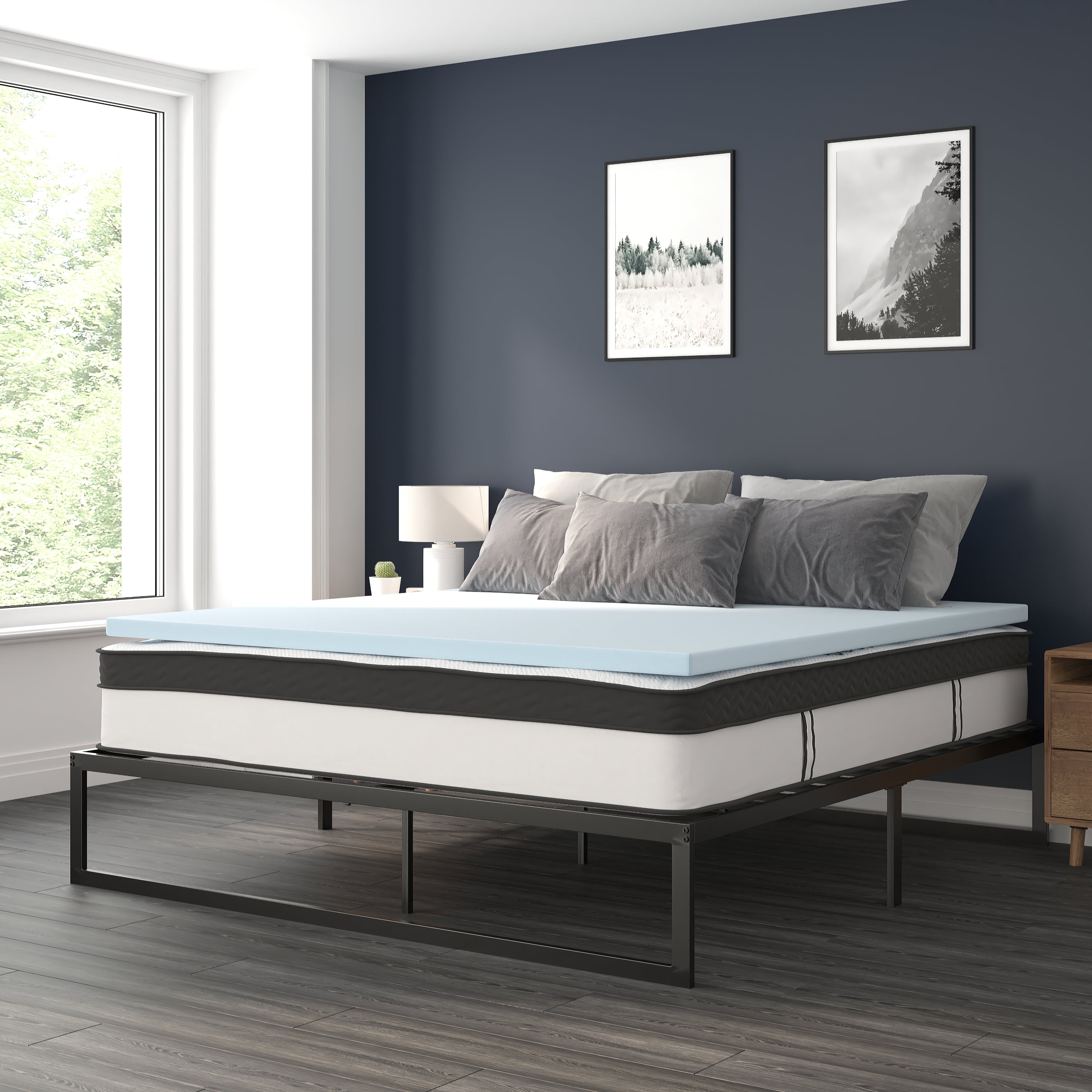 Flash Furniture Leo 14 Inch Metal Platform Bed Frame with 12 Inch Pocket Spring Mattress in a Box and 2 Inch Cool Gel Memory Foam Topper Full Walmart