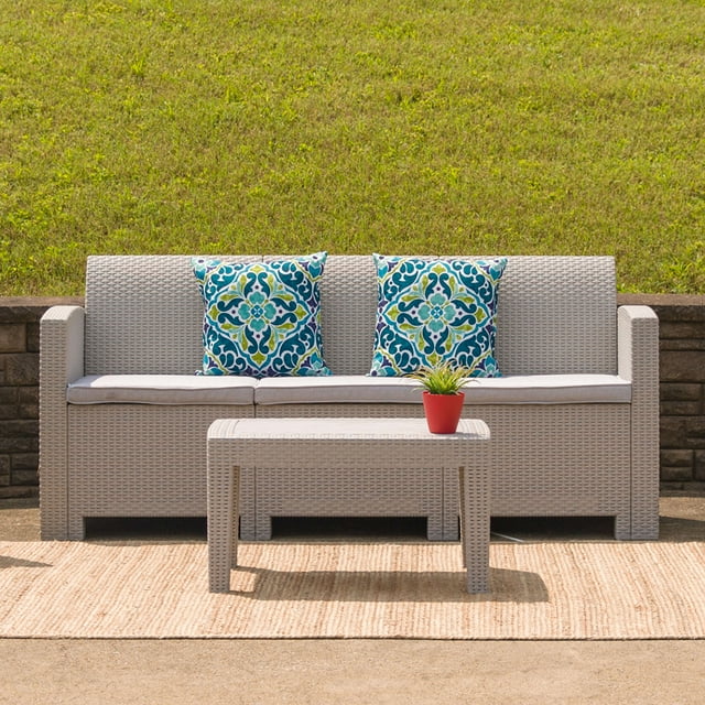 Flash Furniture Light Gray Faux Rattan Sofa with All-Weather Light Gray ...