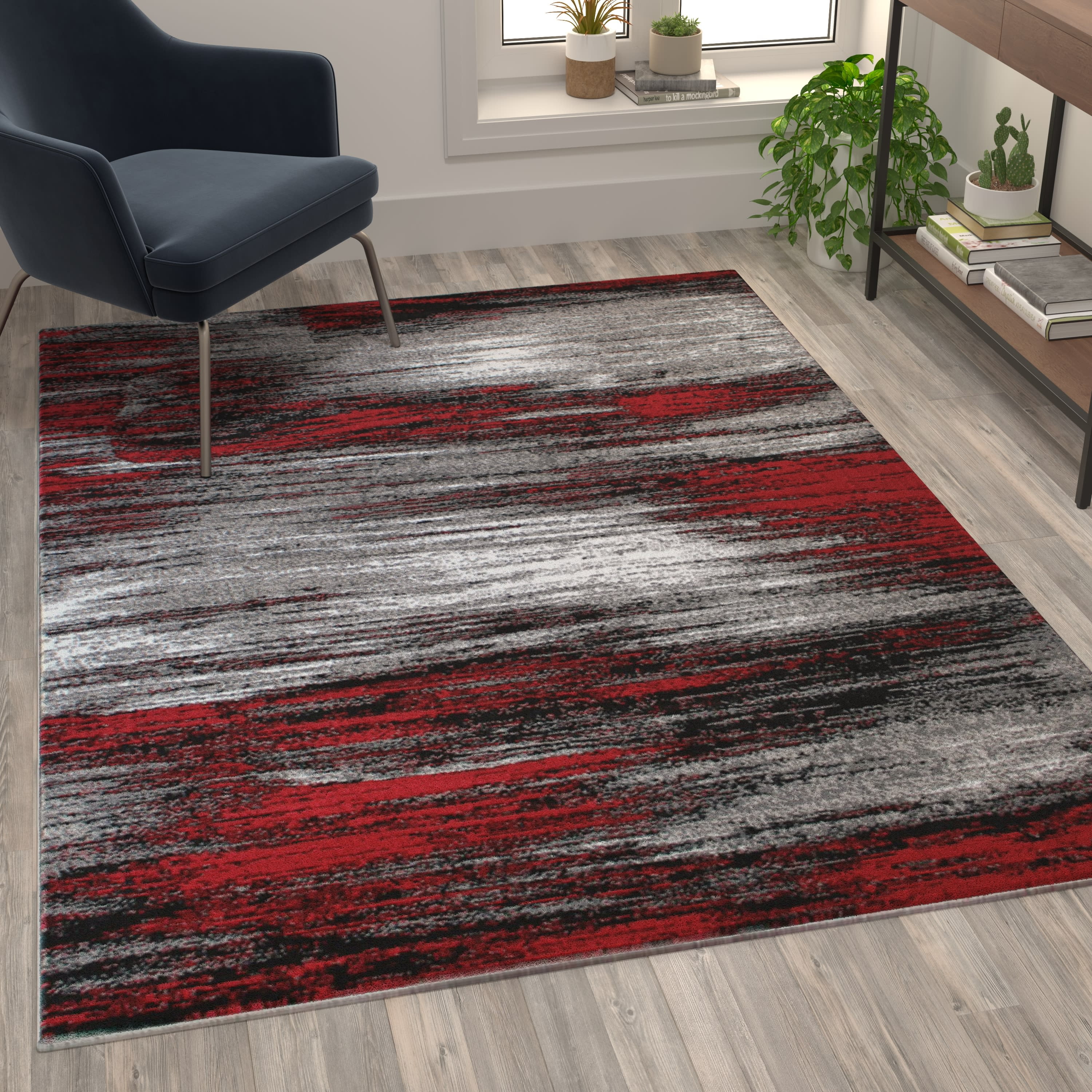 Flash Furniture Rylan Rectangular Contemporary Grey, Red Area Rug, 5' x ...