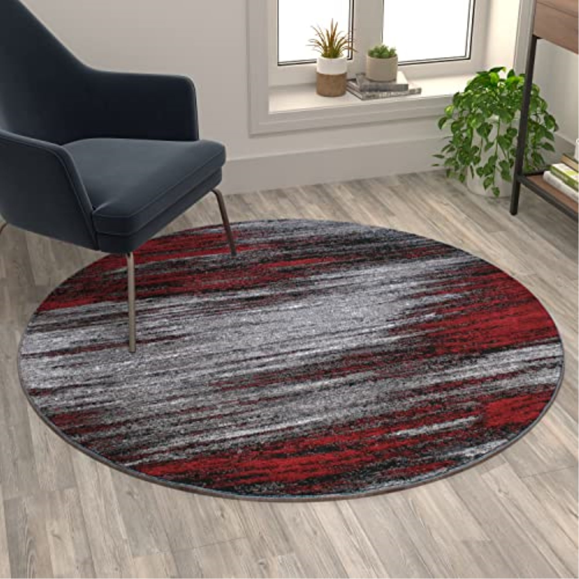 Flash Furniture Rylan Round Contemporary Grey, Red Area Rug, 5' x 5 ...