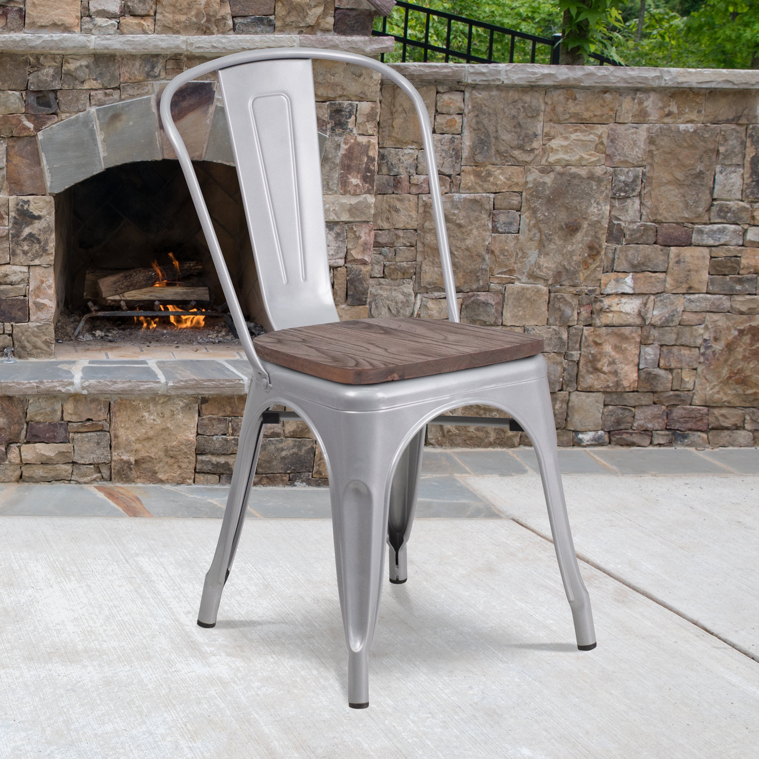 Flash Furniture Silver Metal Stackable Chair with Wood Seat - Walmart.com