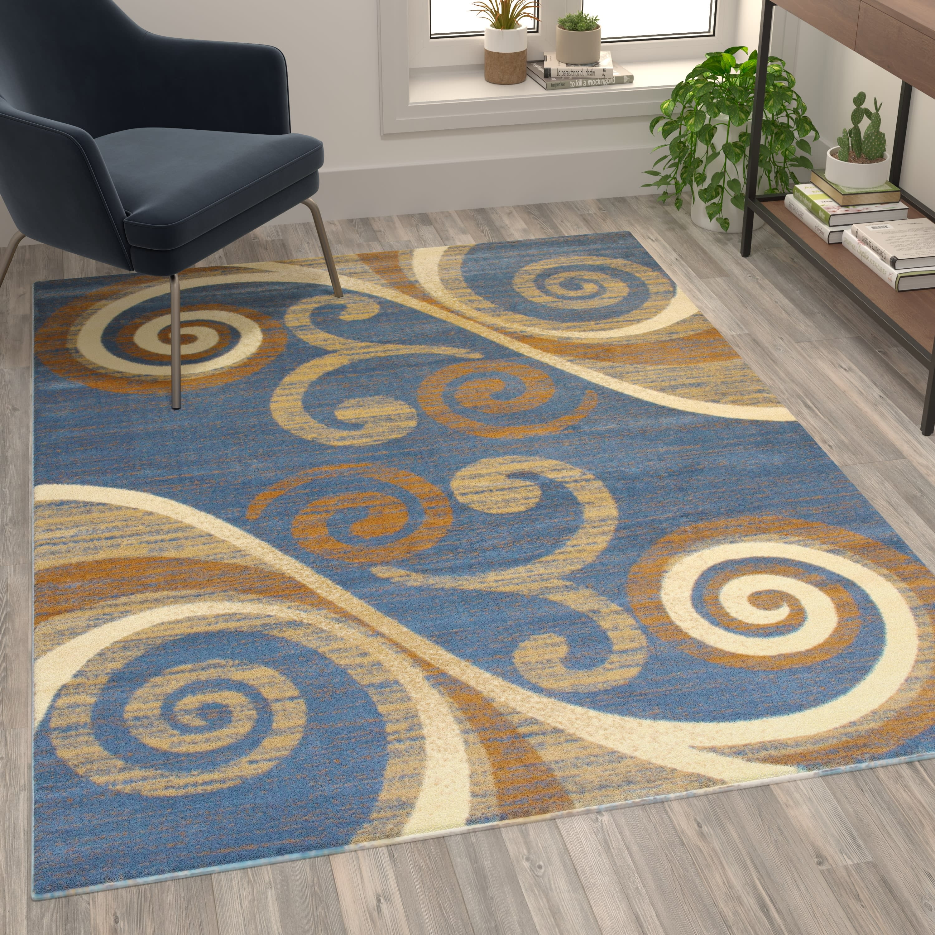 Flash Furniture Valli Rectangular Contemporary Beige, Blue Area Rug, 5 ...