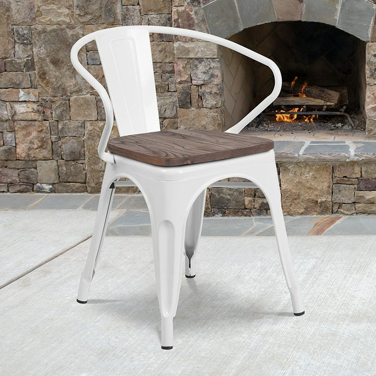 Flash Furniture White Metal Chair with Wood Seat and Arms