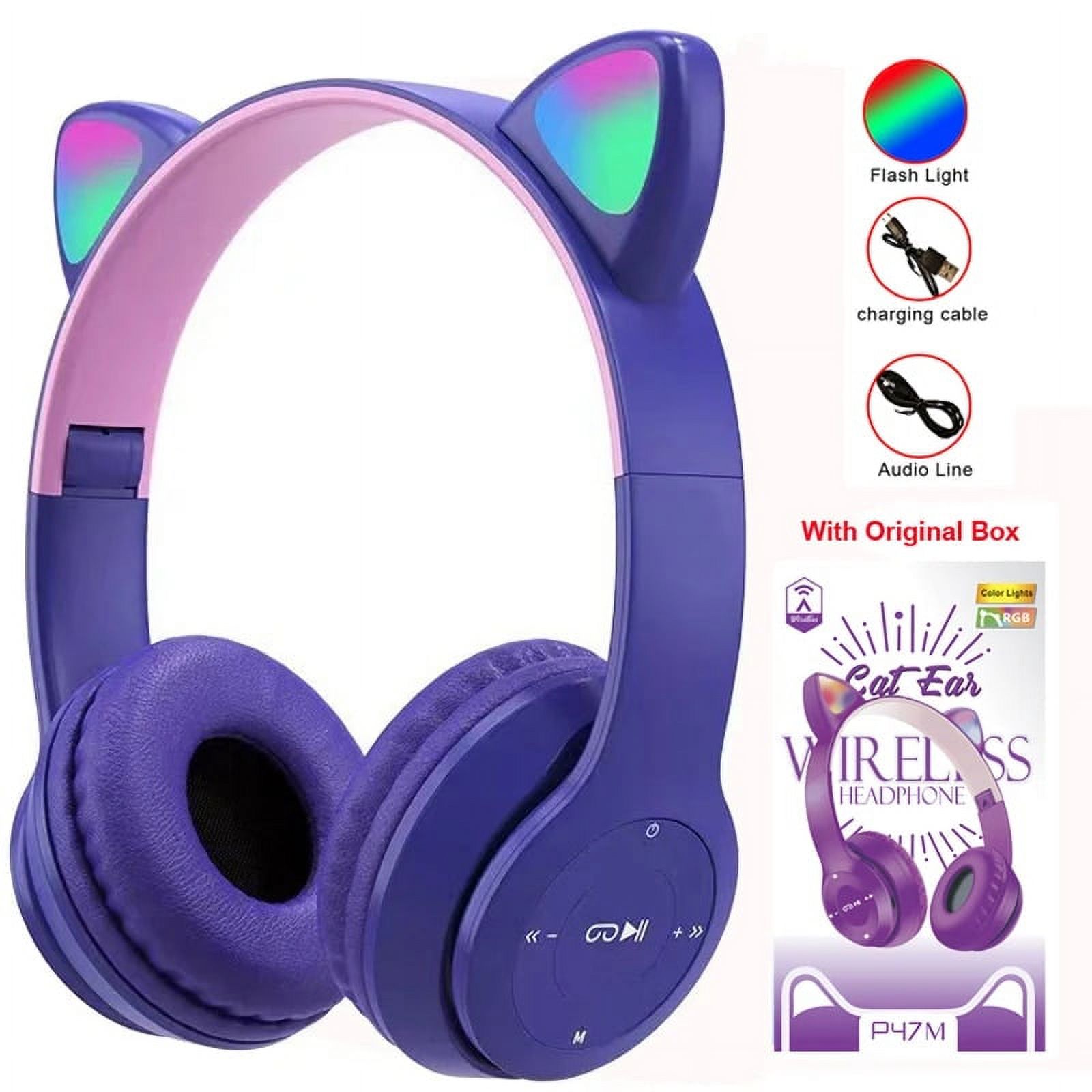 Flash Light Cute Cat Ears Wireless Headphone with Mic Control LED Kid ...