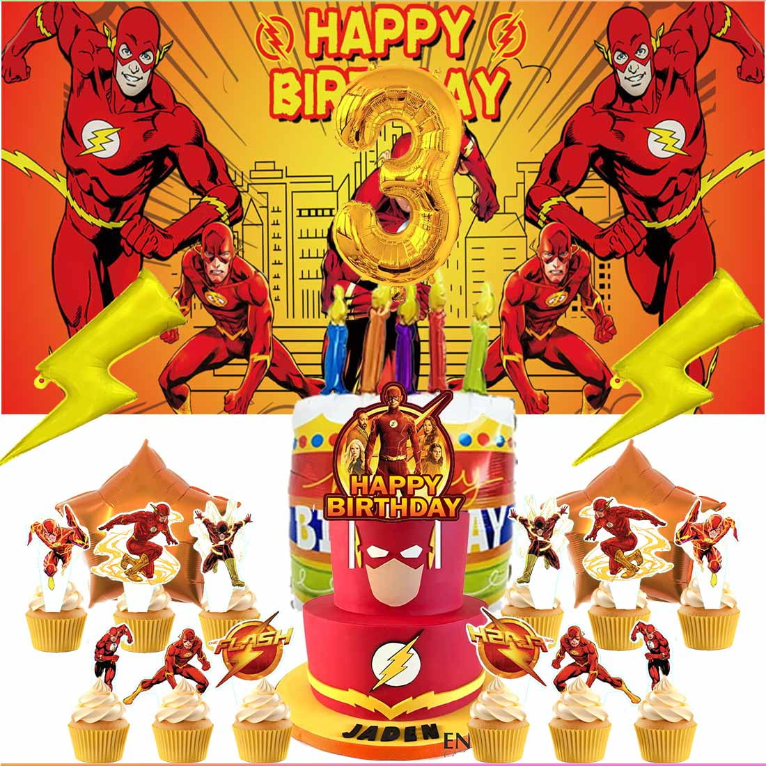Flash Man Party Supplies Decor 3rd Kit Balloons Birthday Cake Topper Banner Backdrop Decorations ...