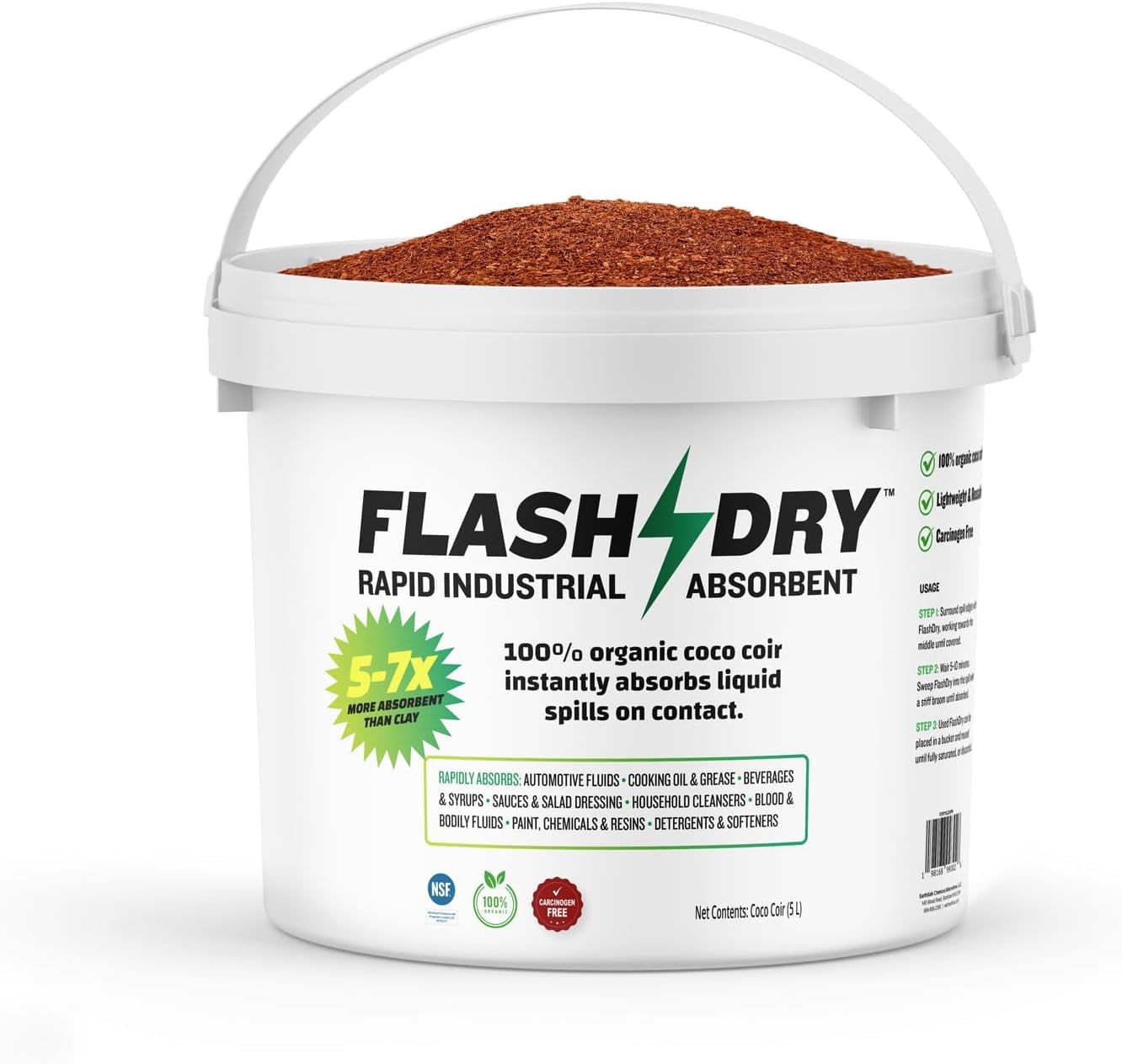 FlashDry Coir Spill Absorbent, 5L Bucket with Dispenser Lid, 100% ...