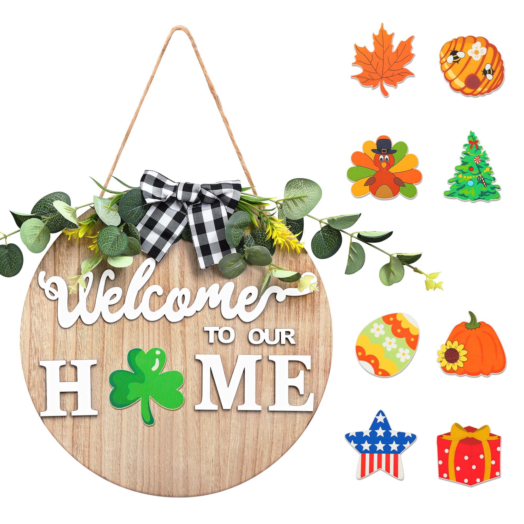 FlashWee Welcome Sign for Front Door, Wooden Interchangeable 9 Holiday ...