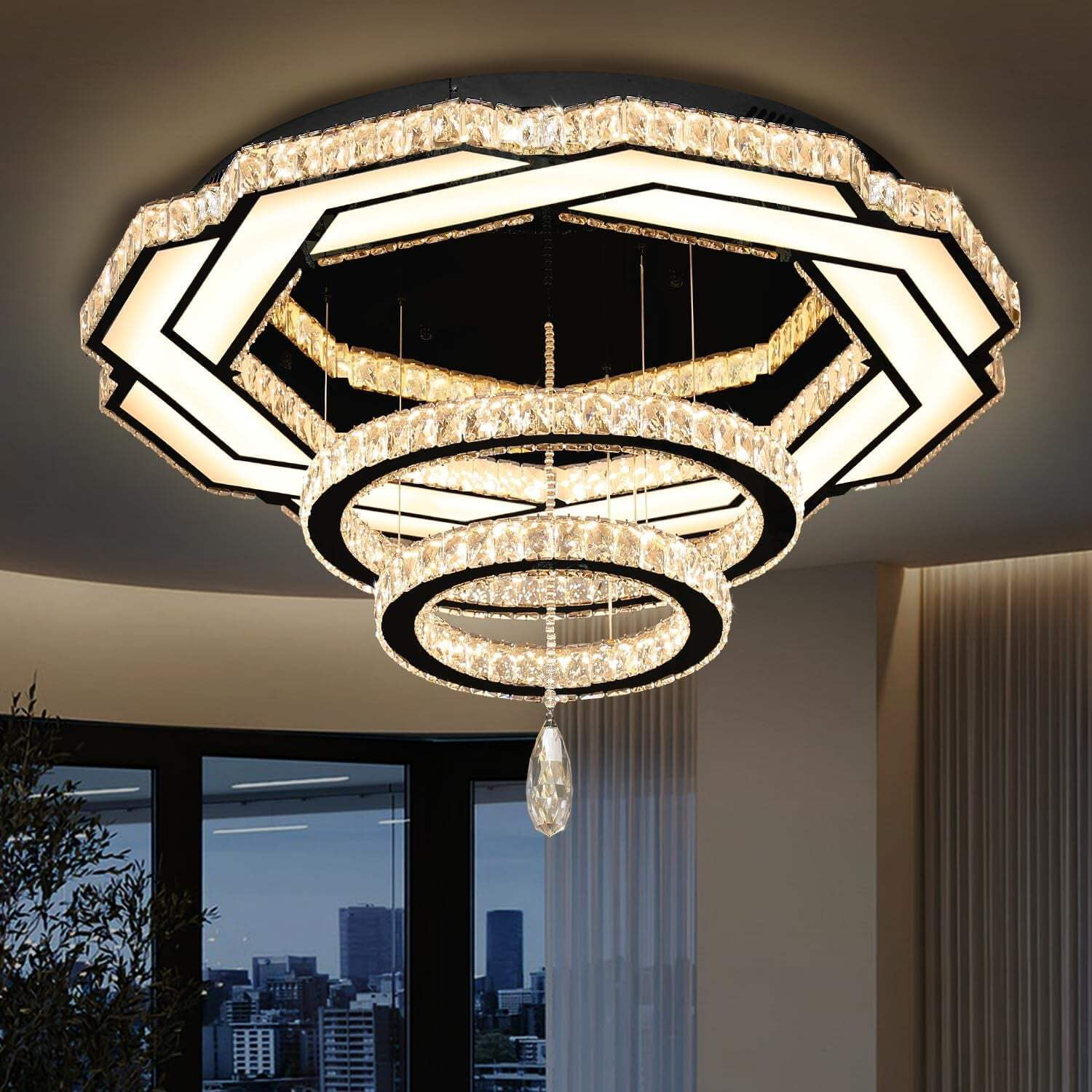 Flashing God Large Chandelier Dia 40" Black Crystal Chandelier Flush ...
