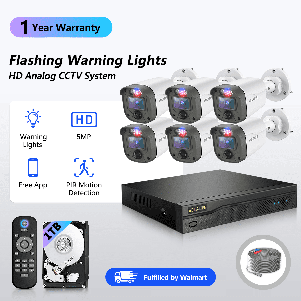 WEILAILIFE 5MP Wired Security Camera System with Red & Blue Warning ...