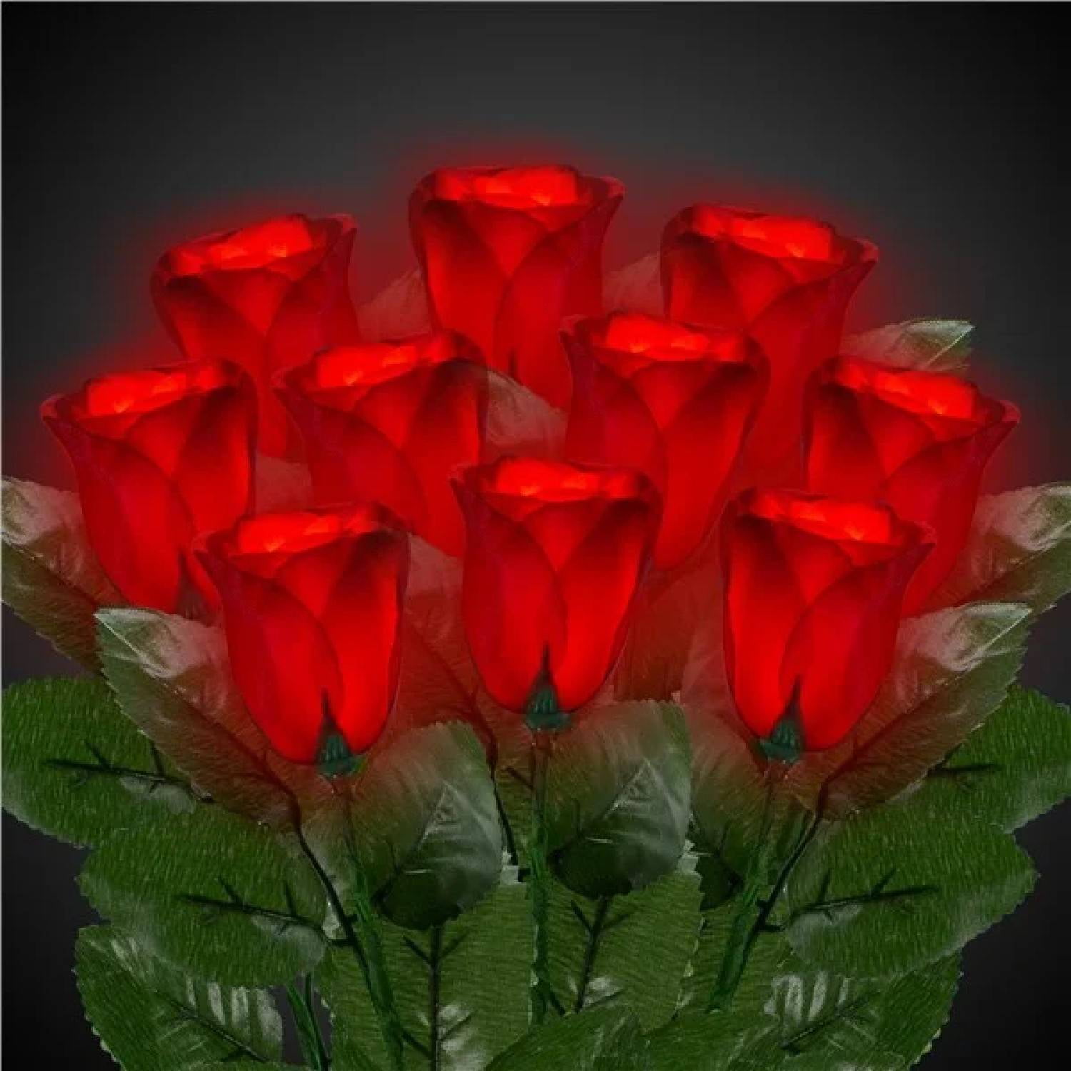 Flashing Panda Dozen Light Up Glowing Red Rose Flowers on a Stem, 12 ...