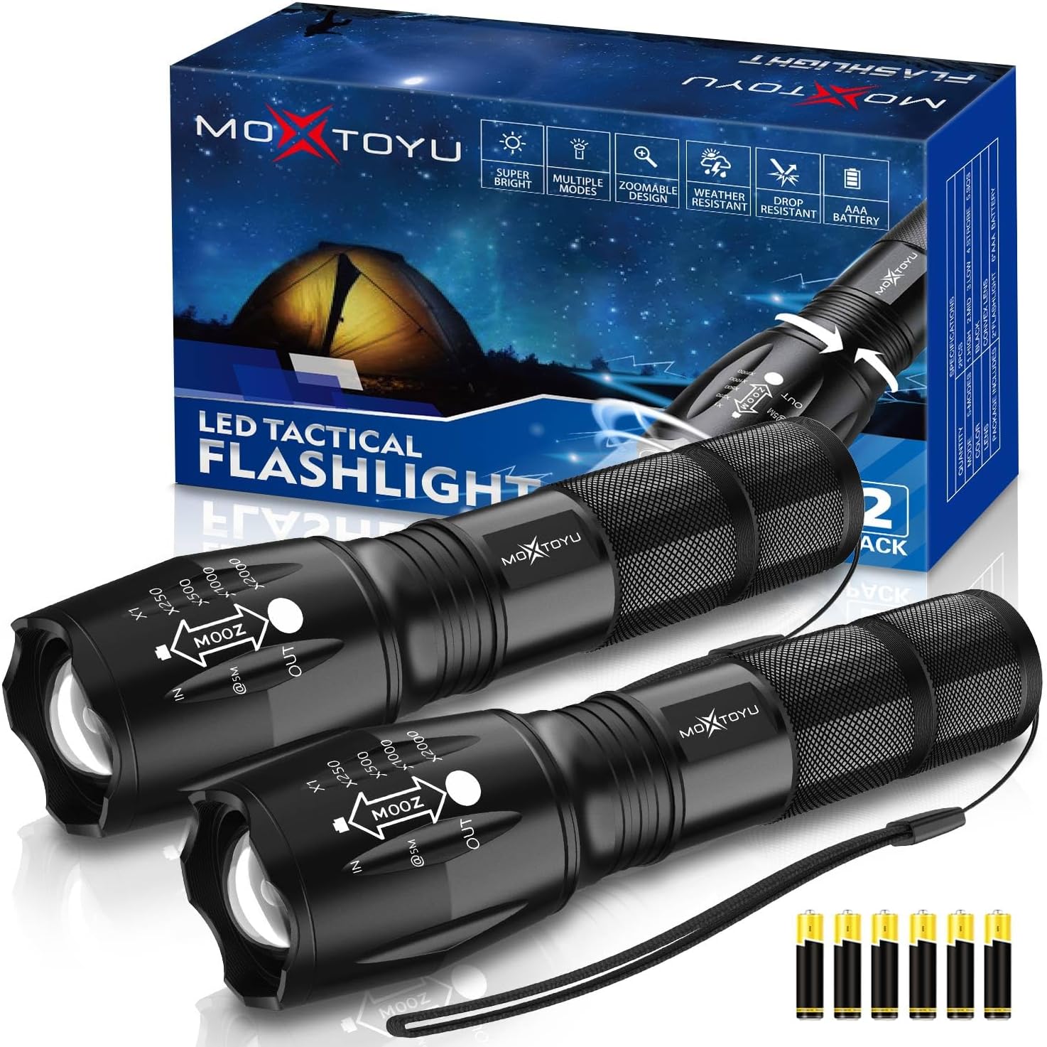 Flashlight 2 Pack, 5 Modes 2000 Lumen Tactical LED Flash Light, High ...