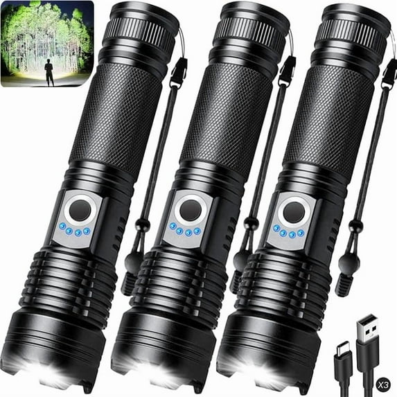 Flashlight Rechargeable 99,000 High Lumens - 3 Pack Bright LED Flash ...