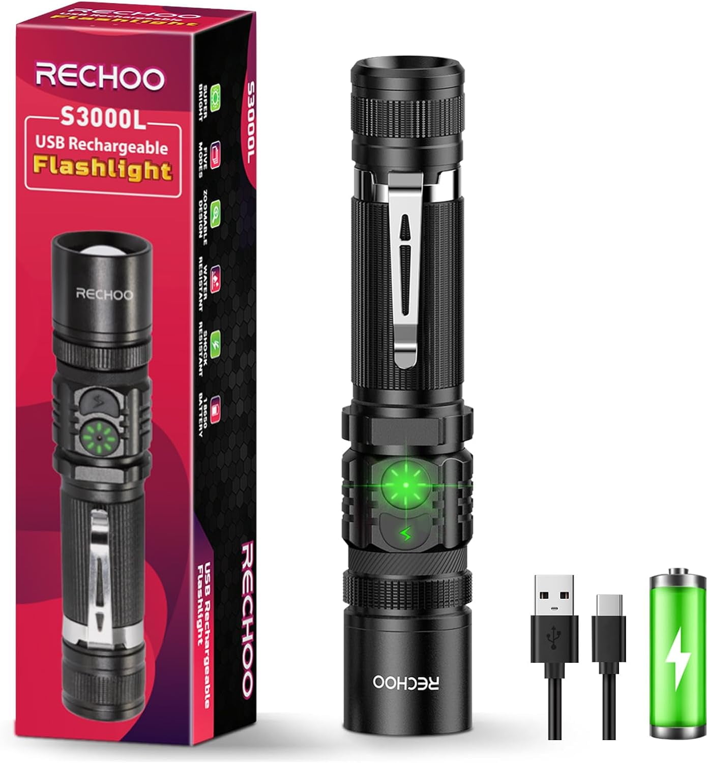 Flashlight USB Rechargeable Double Switch S3000L LED Tactical ...