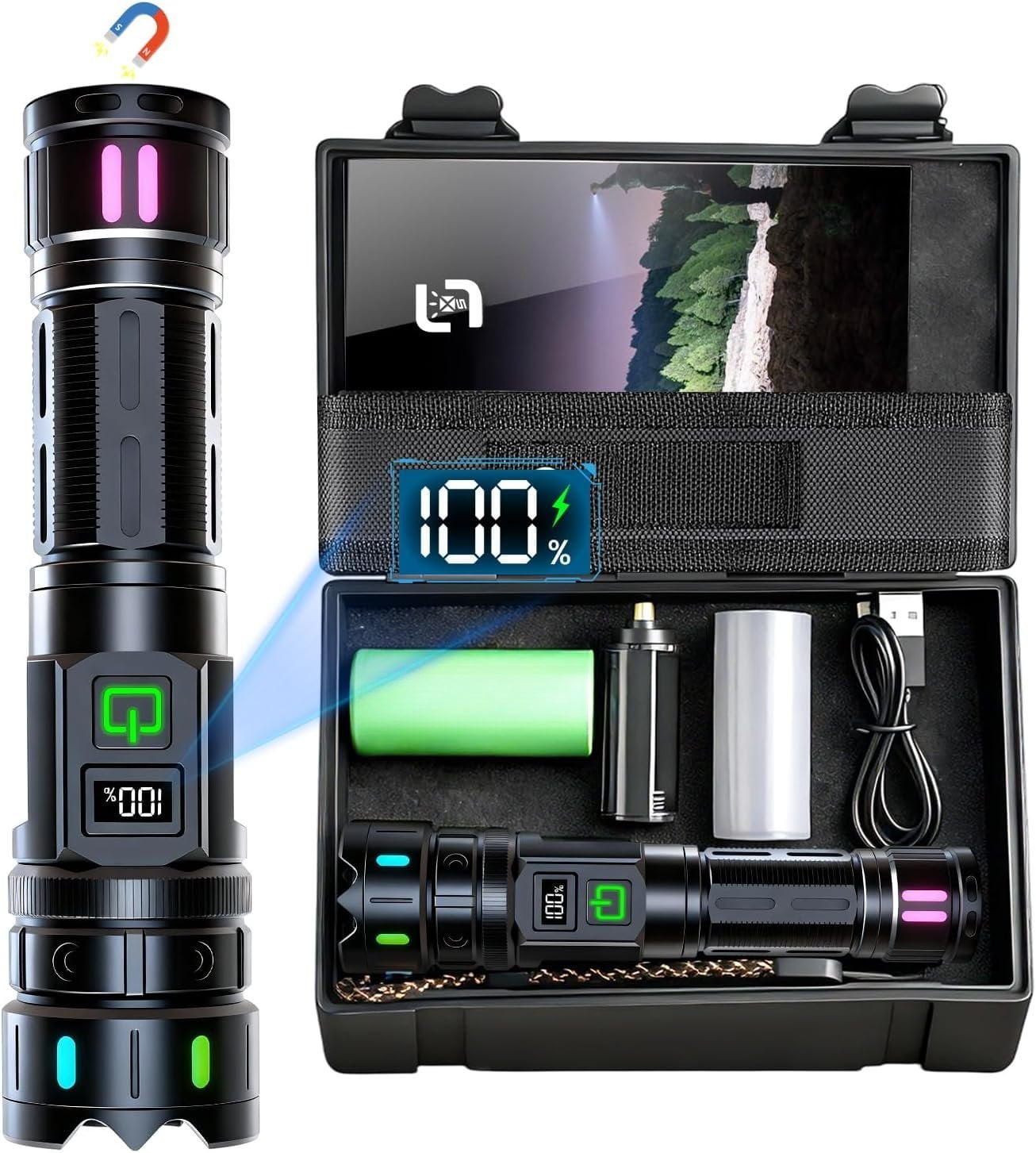 Flashlights 10000 High Lumens, 30W Bright Flashlight with LCD Display ...
