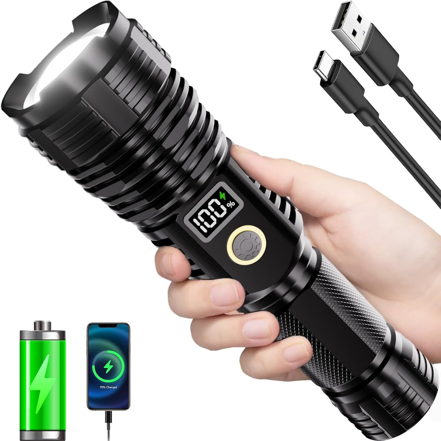 Flashlights High Lumens Rechargeable, 10000LM LED Super Bright Flash ...