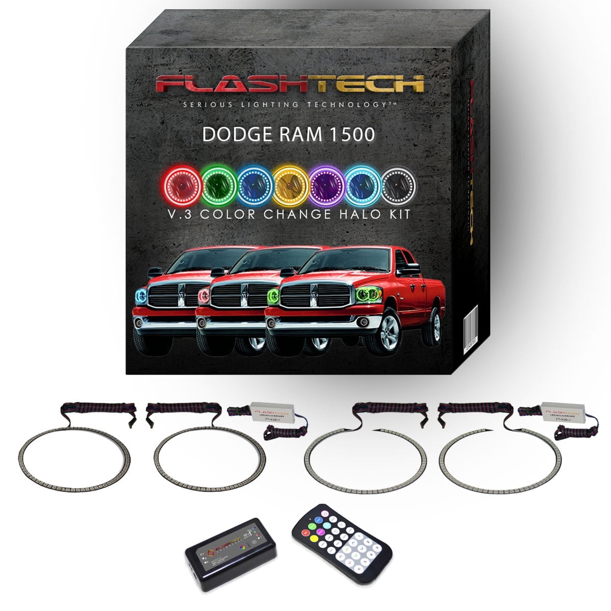 Flashtech RGB Angel Eye LED Halo kit with RF Remote for 06-08 Dodge Ram ...