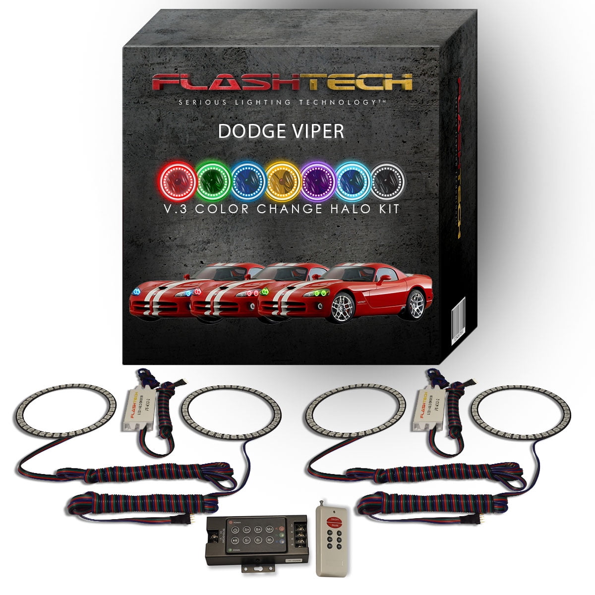 Flashtech RGB Multi Color LED Halo kit with RF Remote for 2003-2010 Dodge Viper Headlights ...