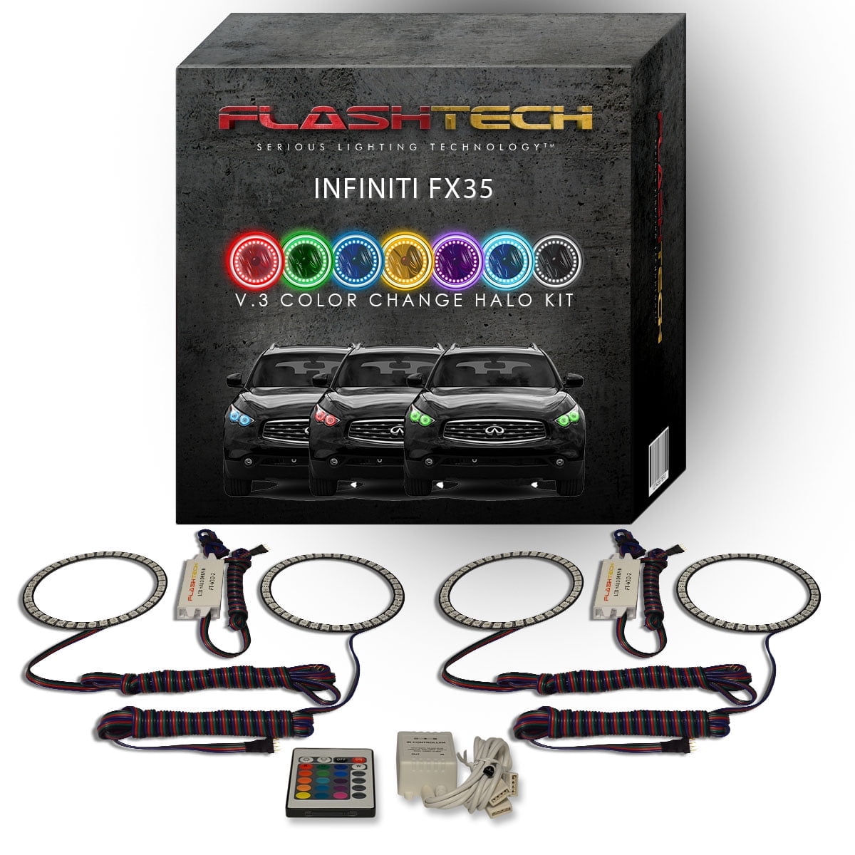 Flashtech RGB Angel Eye LED Halo kit with IR Remote for 2009-2012 Infiniti FX35 Headlights ...