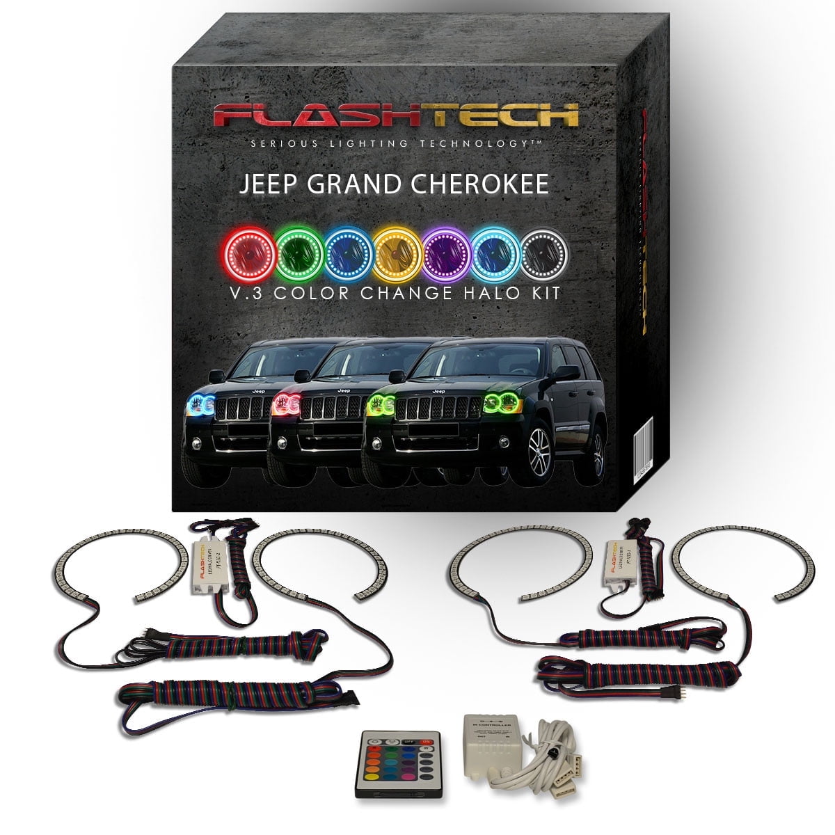 Flashtech RGB Angel Eye LED Halo kit & IR Remote for 05-10 Jeep Grand ...