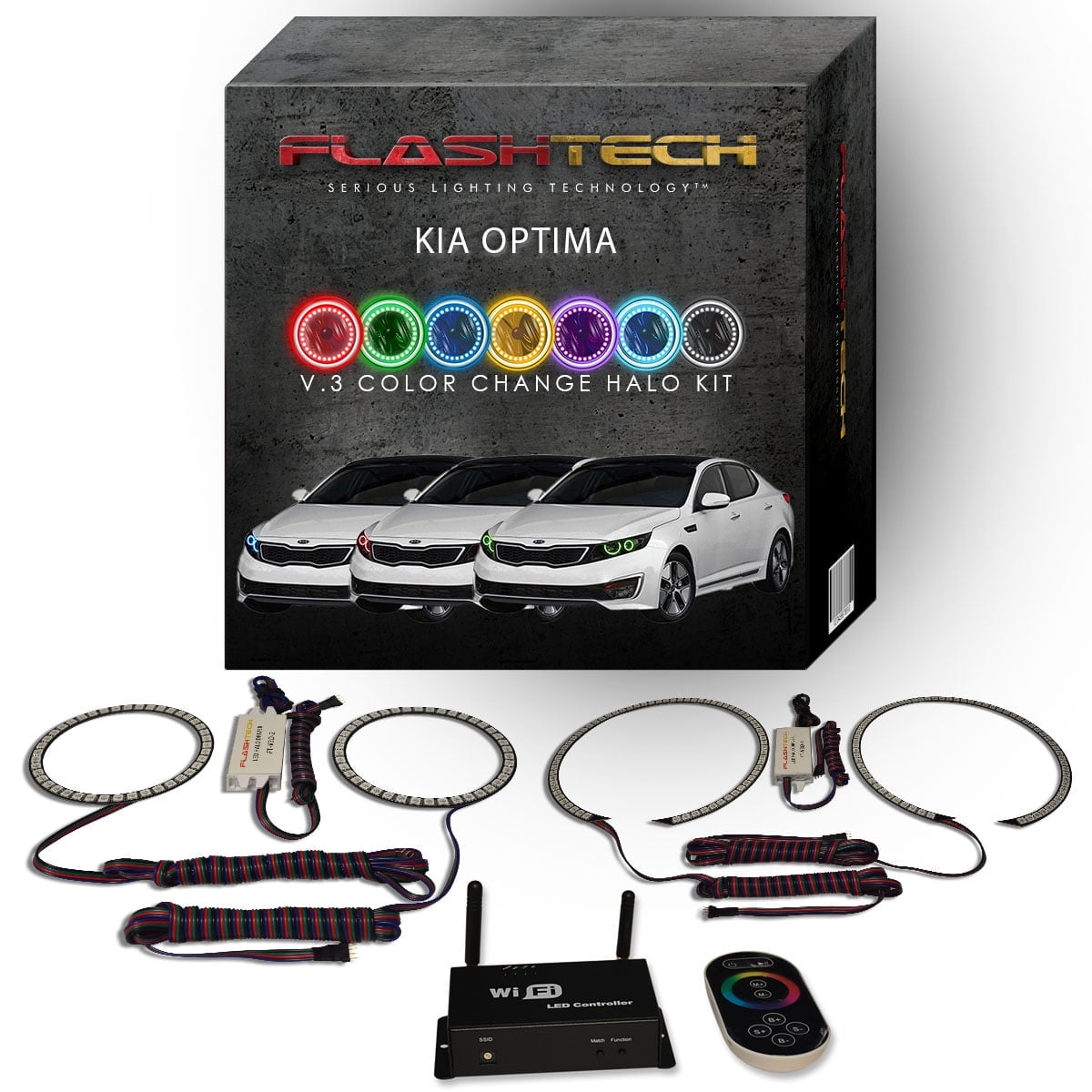 Flashtech RGB Multi Color LED Halo kit with Wifi App for 2011-2013 Kia Optima Headlights ...